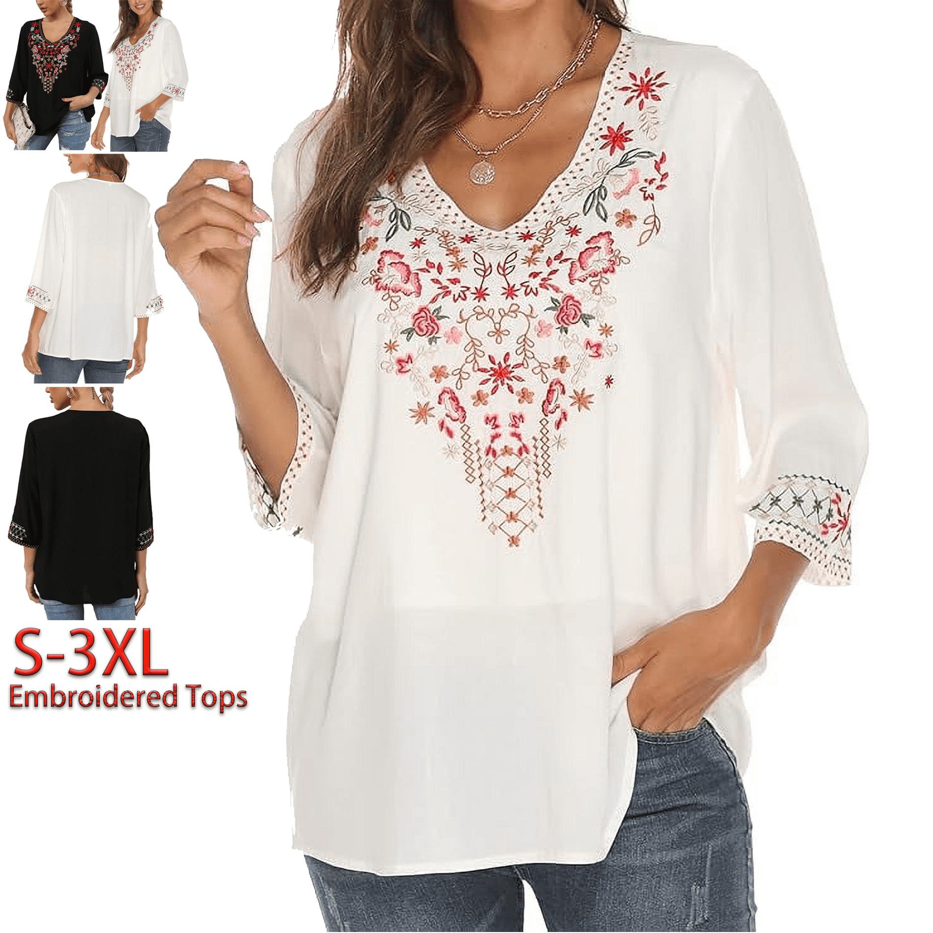 Grosy Embroidered Tops for Women Plus Size 3/4 Sleeve Tunic Tops ...