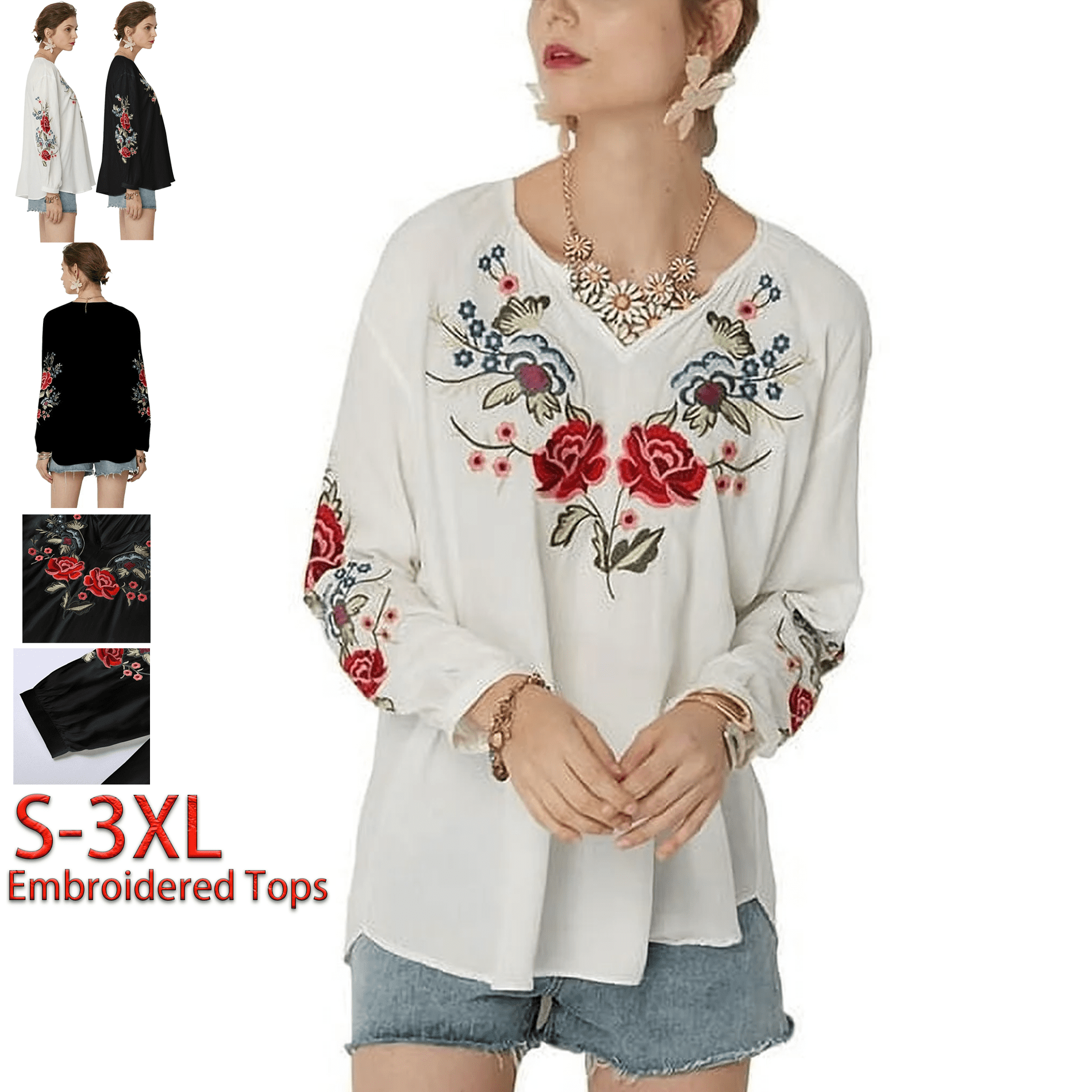 Grosy Embroidered Tops for Women Long Sleeve V Neck Plus Size Boho Mexican Style Blouse Peasant ...