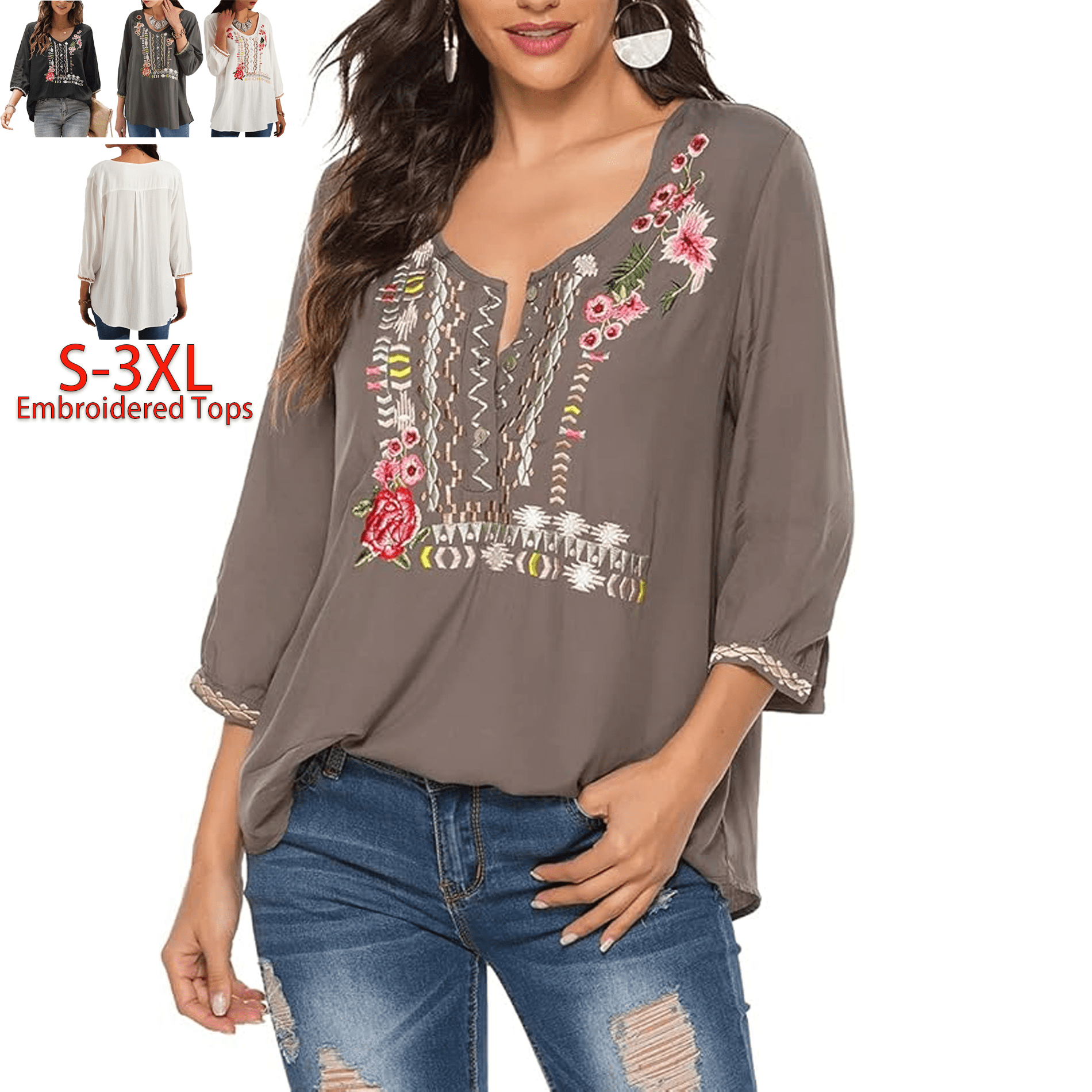 Grosy Embroidered Tops for Women Long Sleeve V Neck Plus Size Boho Mexican Style Blouse Peasant ...