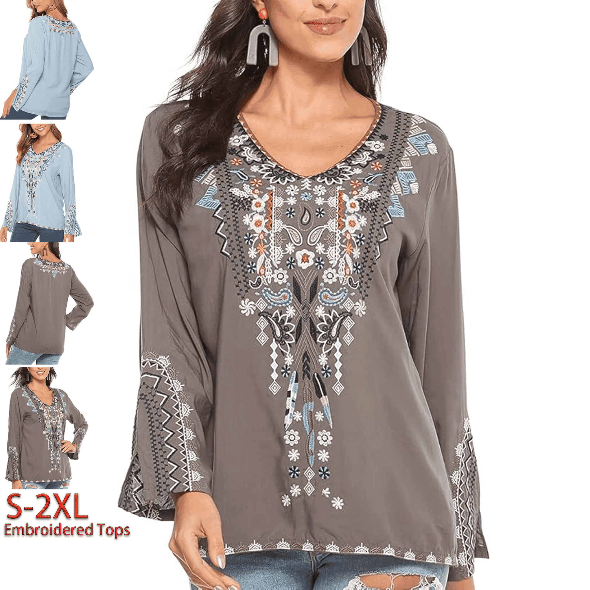 Grosy Embroidered Tops for Women Long Sleeve V Neck Plus Size Boho ...
