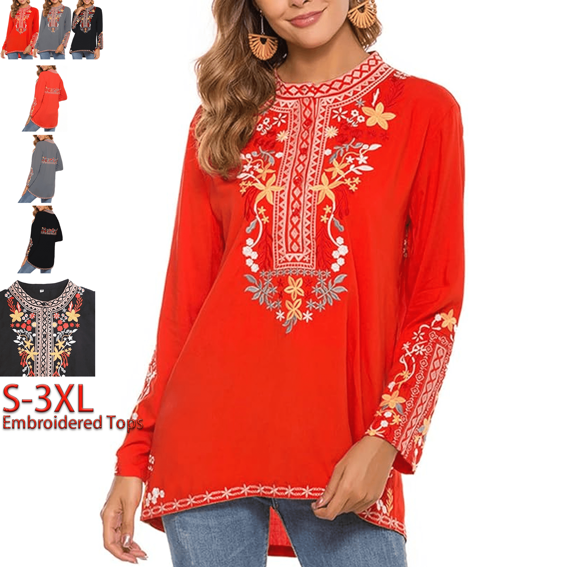 Grosy Embroidered Tops for Women Long Sleeve V Neck Plus Size Boho ...