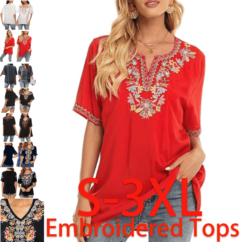 Grosy Embroidered Tops for Women Short Sleeve V Neck Plus Size Boho ...