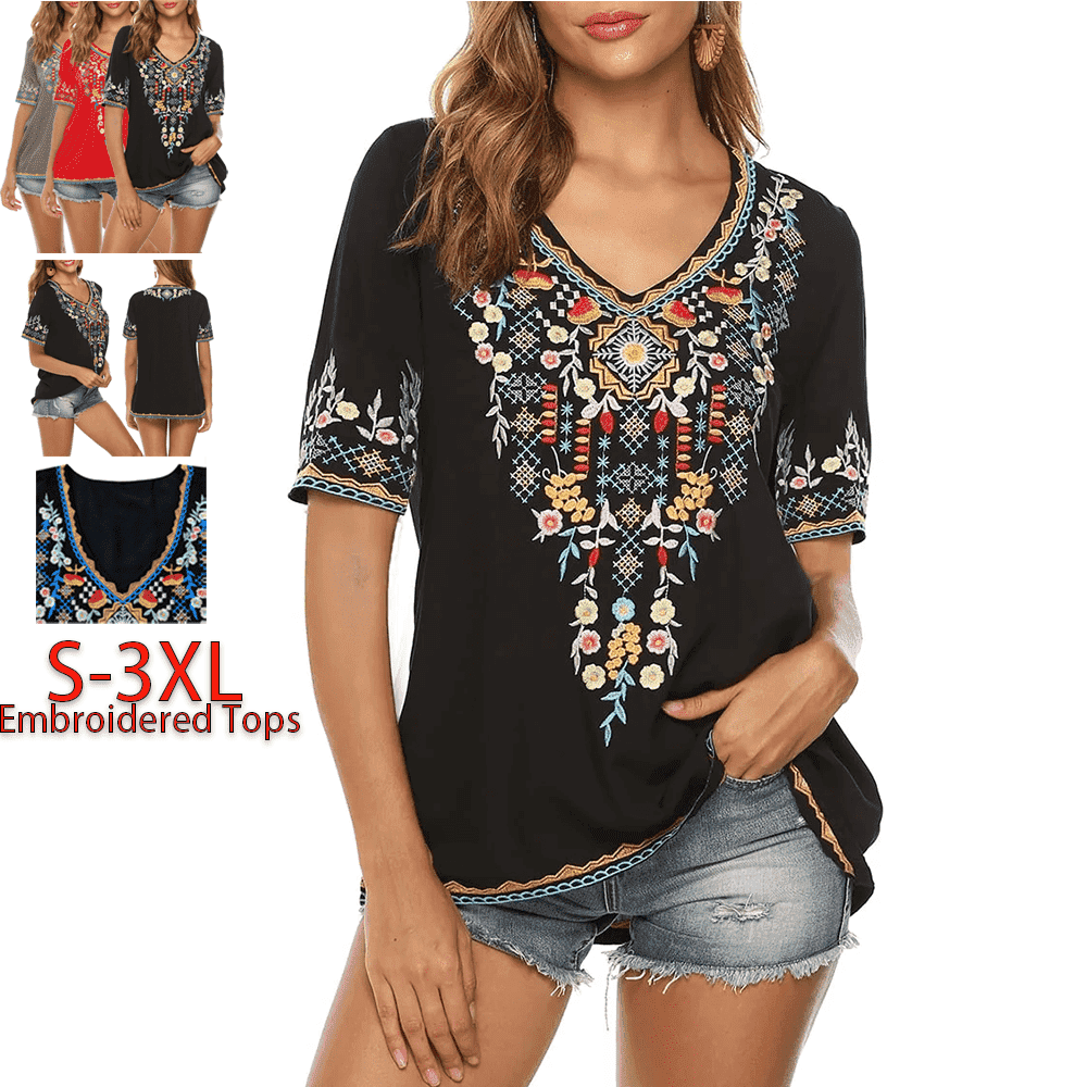 Grosy Embroidered Tops for Women Short Sleeve V Neck Plus Size Boho ...