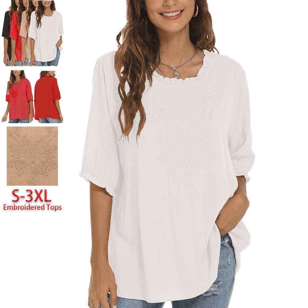 Grosy Embroidered Tops for Women Short Sleeve V Neck Plus Size Boho ...
