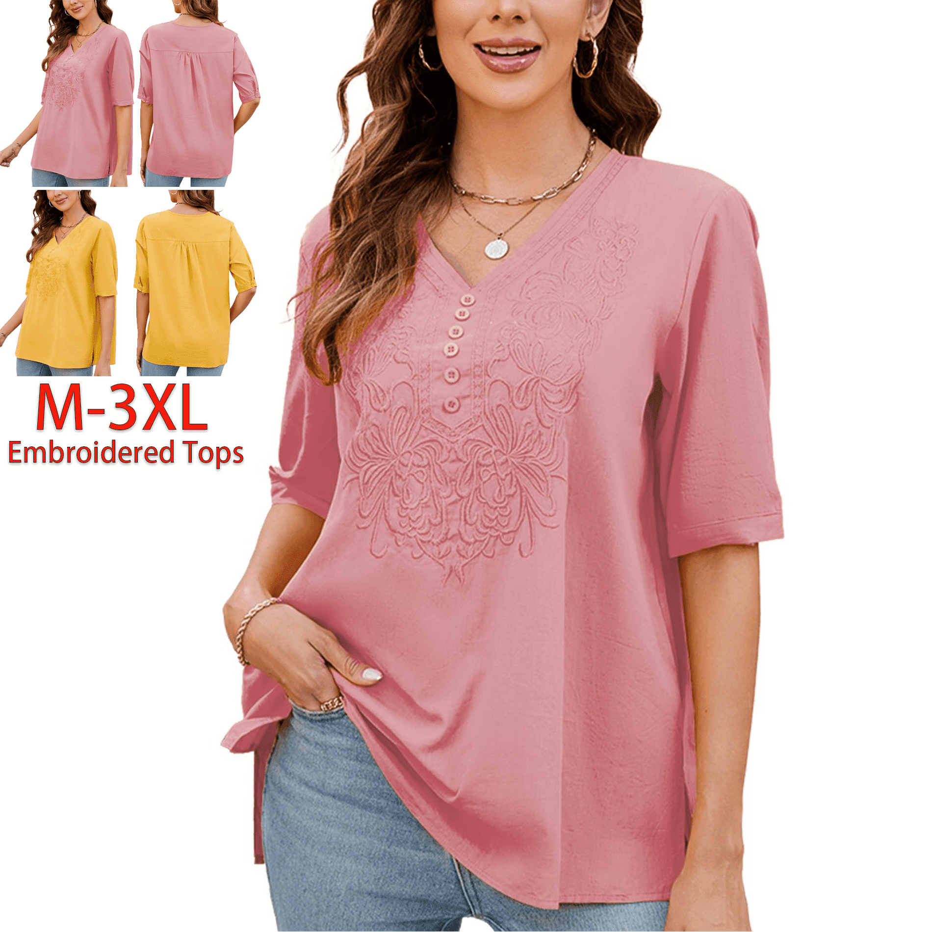 Grosy Embroidered Tops for Women Blouses Short Sleeve Plus Size Boho ...