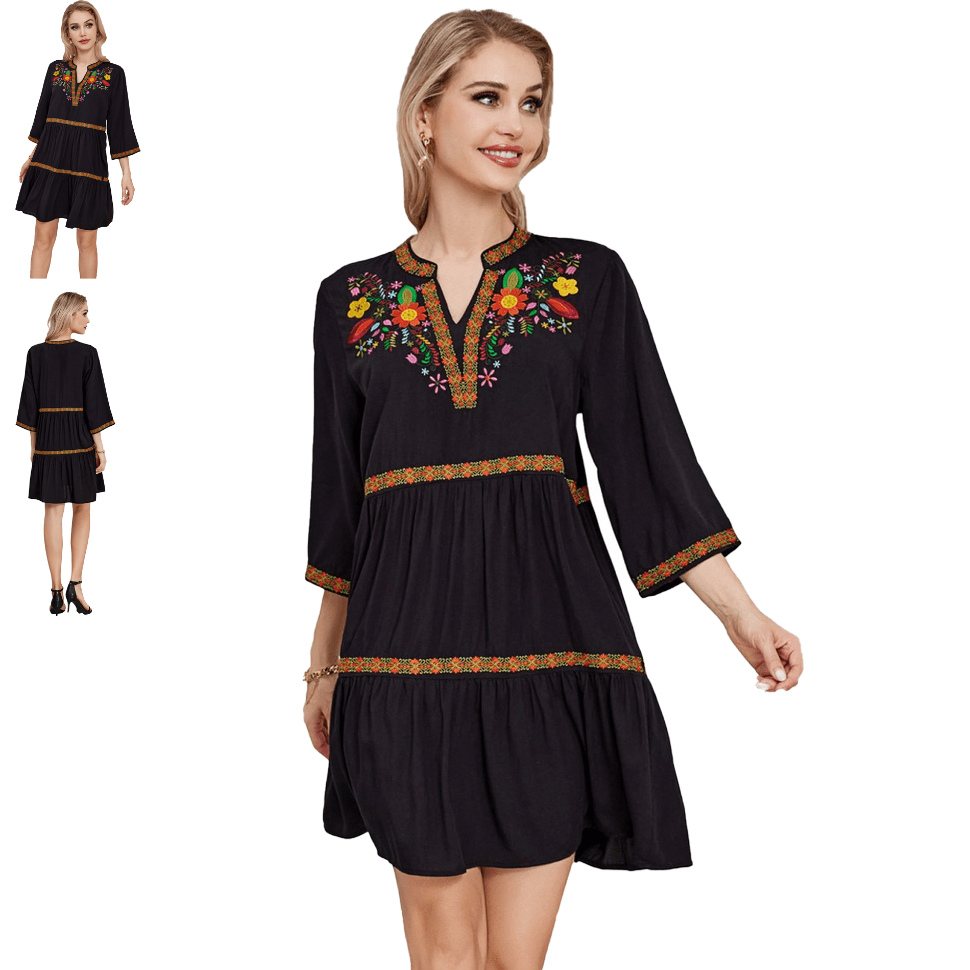 Grosy Embroidered Dresses for Women Plus Size 3/4 Sleeve Vintage Dresses Boho Mexican Maxi Style ...