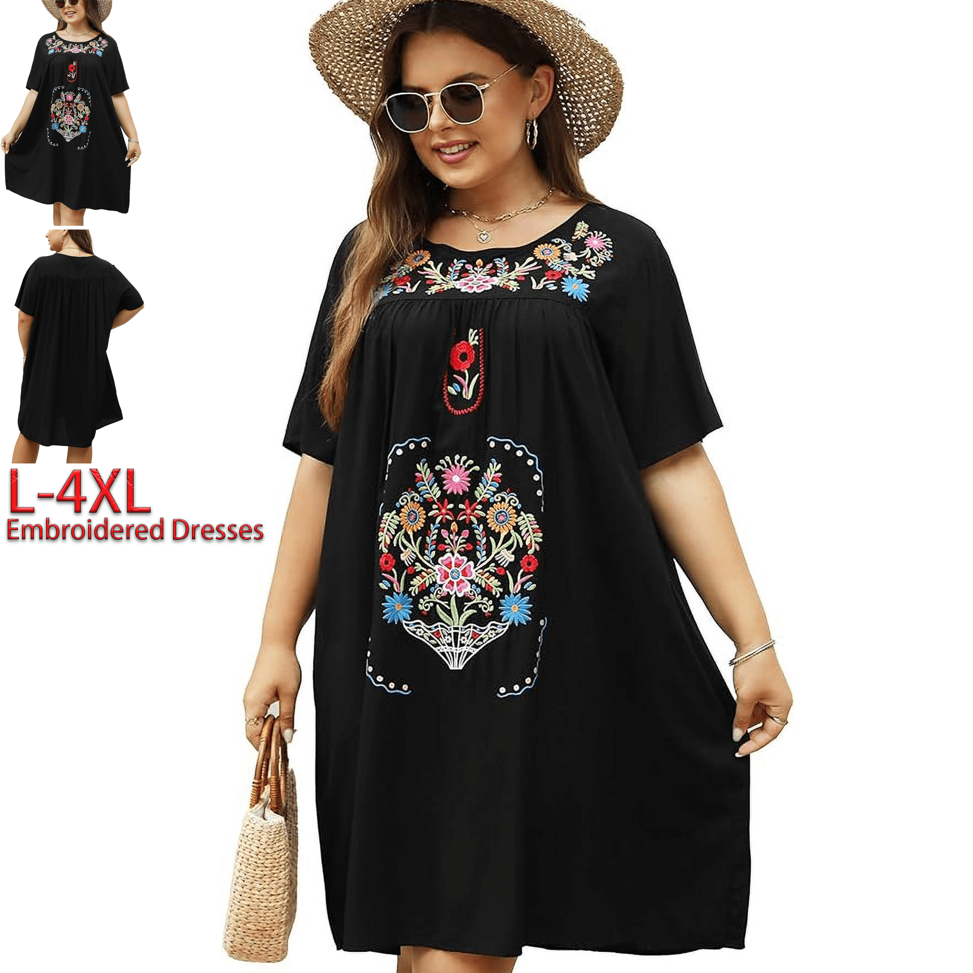 Grosy Embroidered Dresses for Women Plus Size Short Sleeve Vintage ...