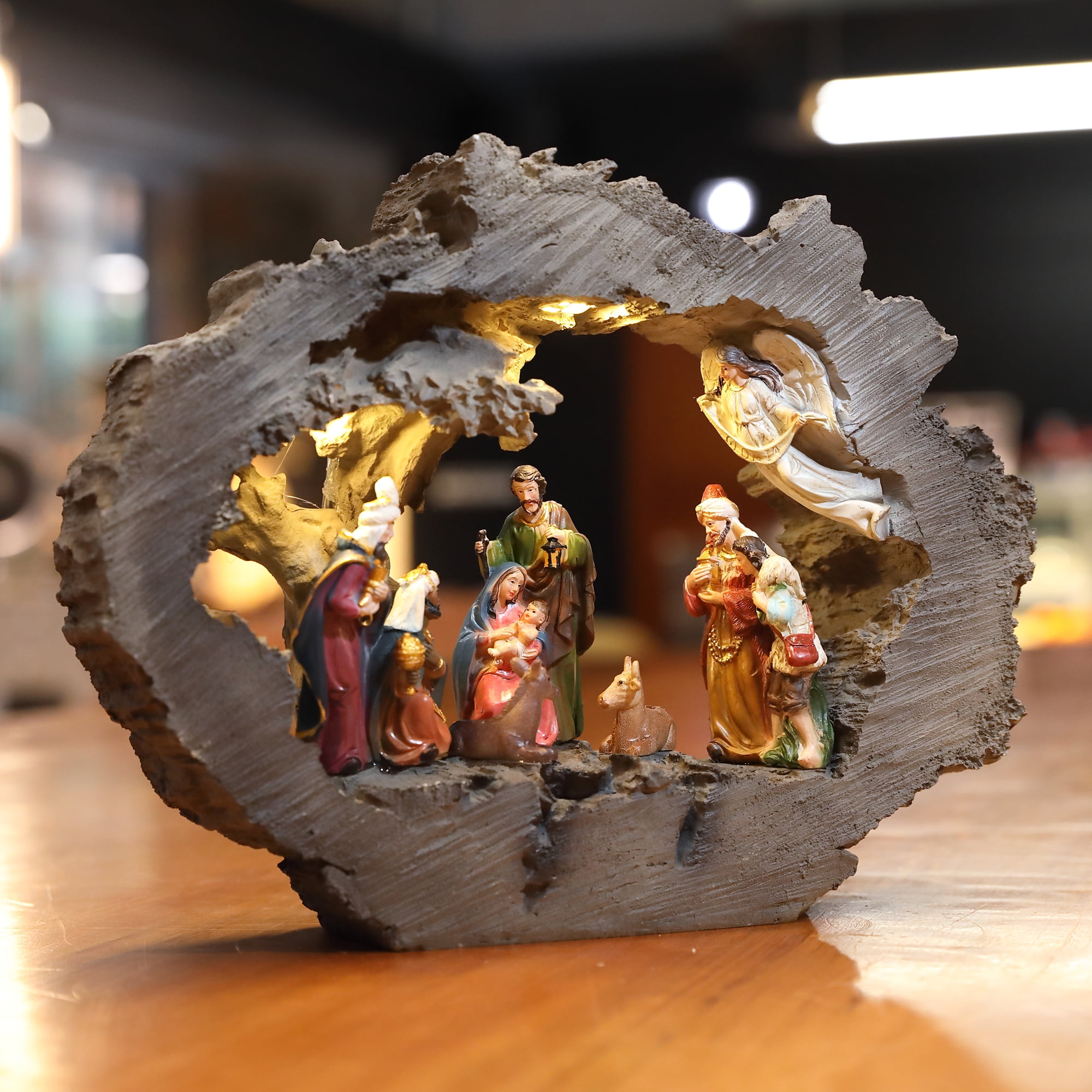 Grotto Nativity Scene Set, Indoor Xmas Manager Table Decor with LED ...