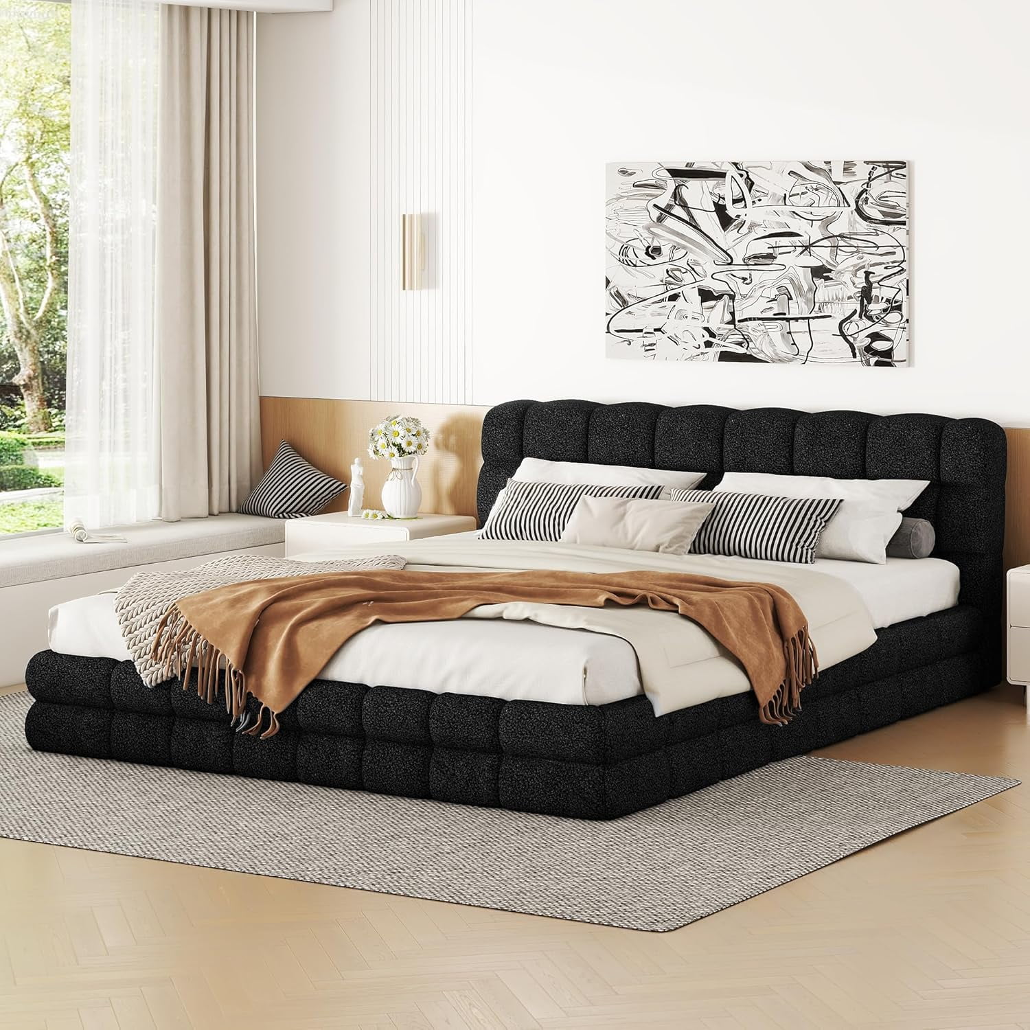 Grounded Bed Upholstered Platform Bed with Unique Design Thick Fabric ...