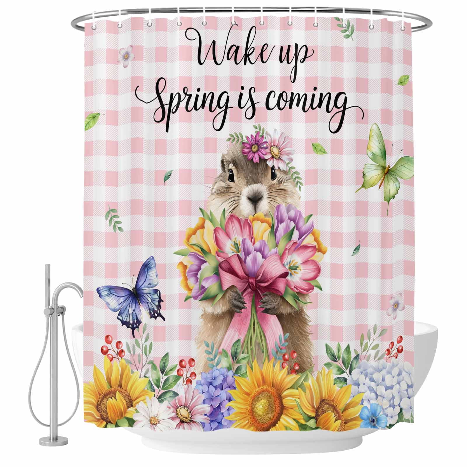 Groundhog Bathroom Shower Curtains with Hooks, Watercolor Spring Yellow ...
