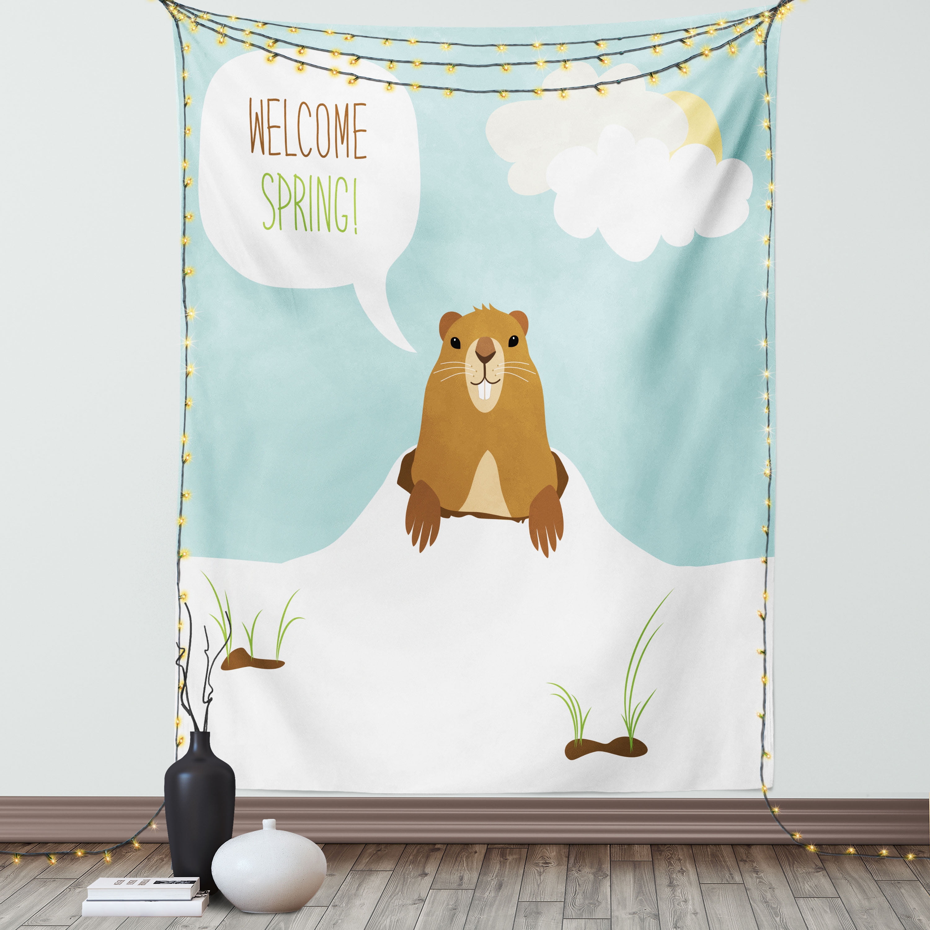 Groundhog Day Collection Tapestry, Welcome Spring in Speech Bubble ...