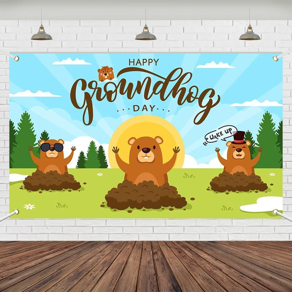 Groundhog Day Decorations Banner - Cute Cartoon Animals Backdrop ...