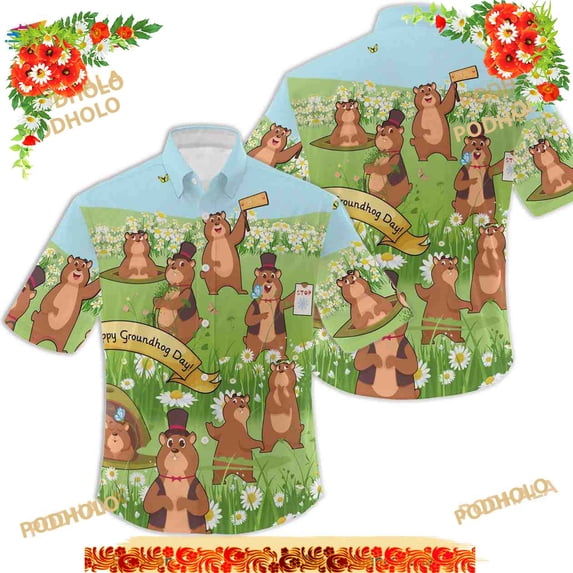 Groundhog Day Grass Flowers Funny Hawaiian Shirt, Cowboy Groundhog ...