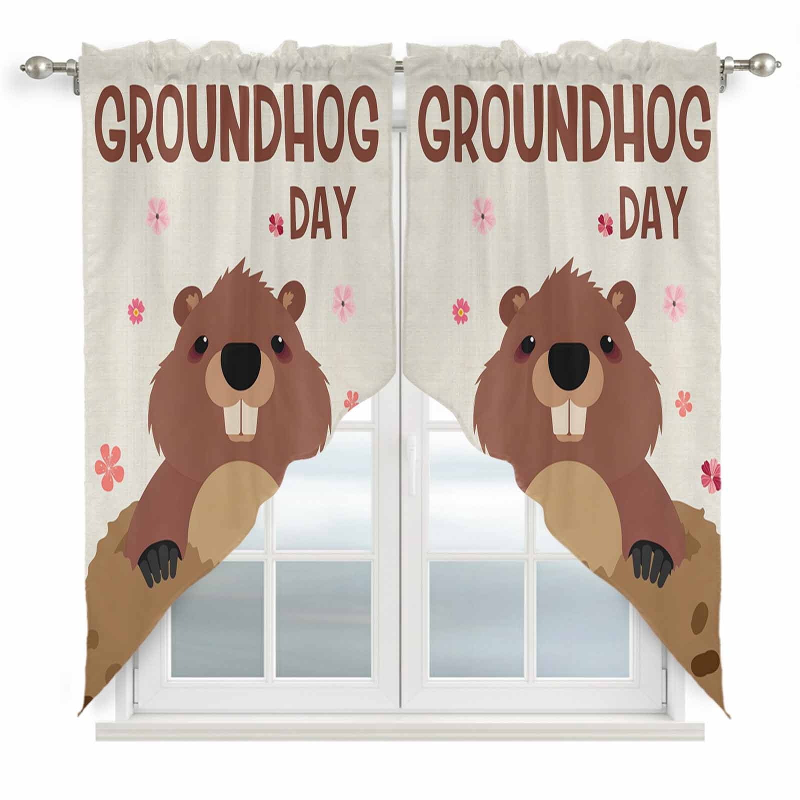 Groundhog Day Swag Curtains Pink Cherry Blossom Cartoon Animals Vintage ...
