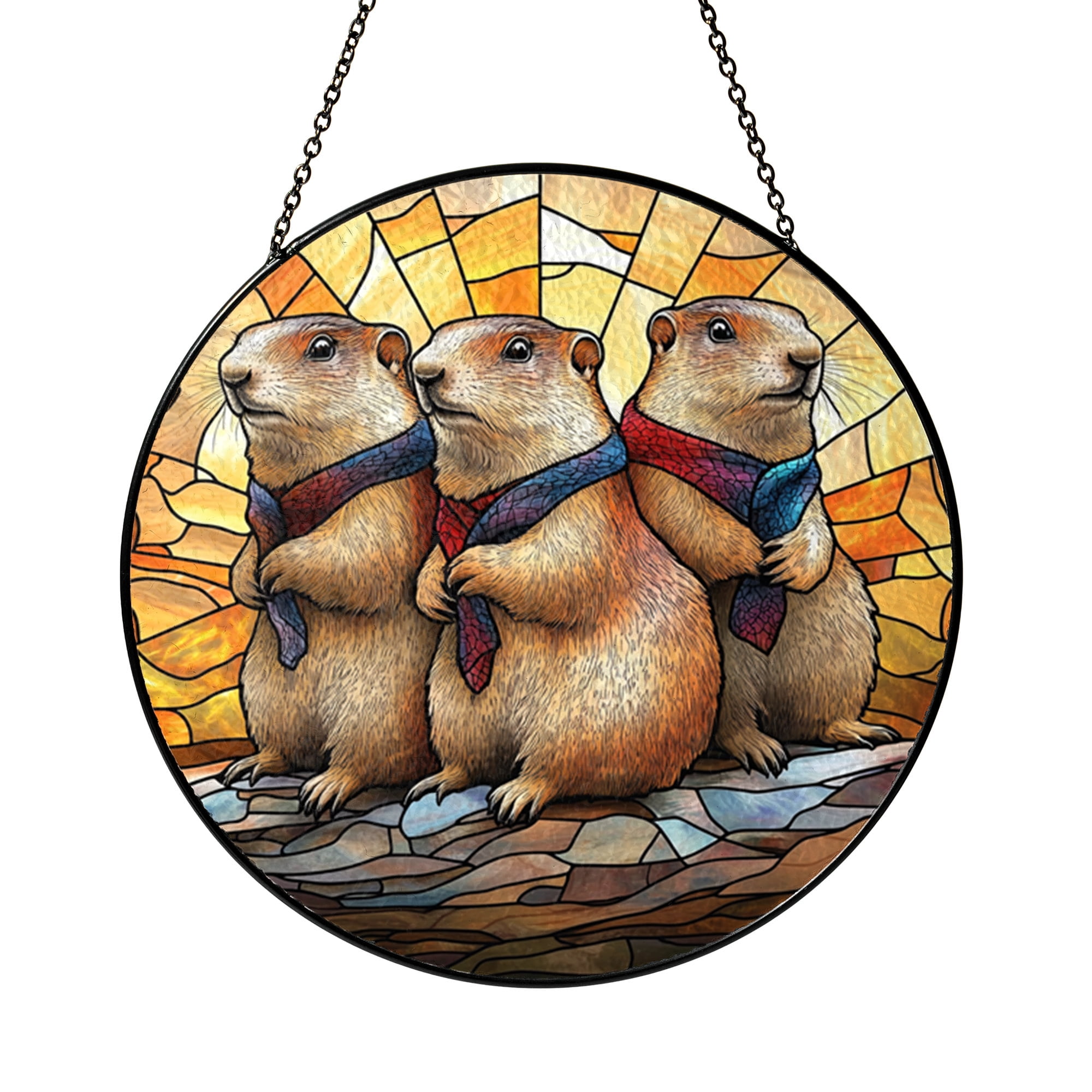 Groundhog Family Stained Glass Round Suncatcher – Three Marmots with ...