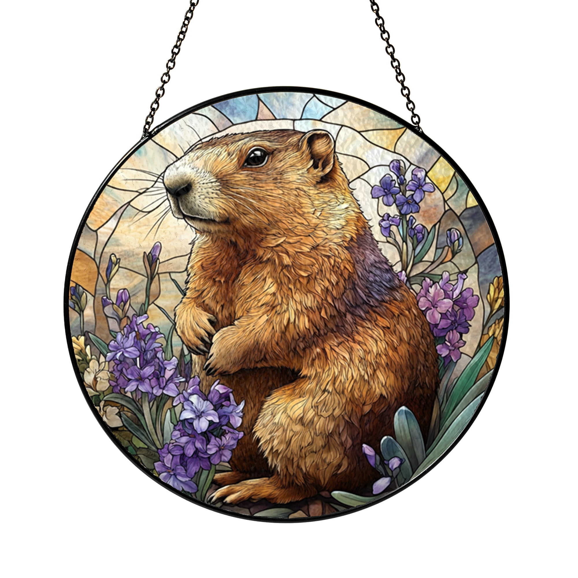 Groundhog Stained Glass Round Suncatcher – Prairie Dog and Purple ...