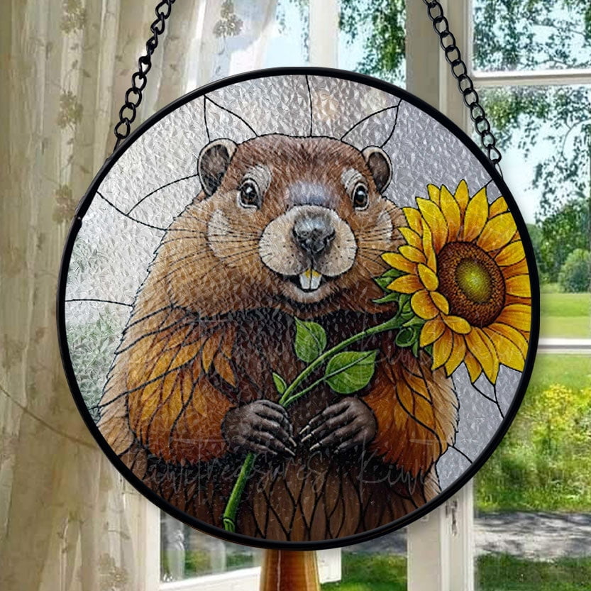 Groundhog With Sunflower GLASS Suncatcher, Groundhog Lover Decor ...