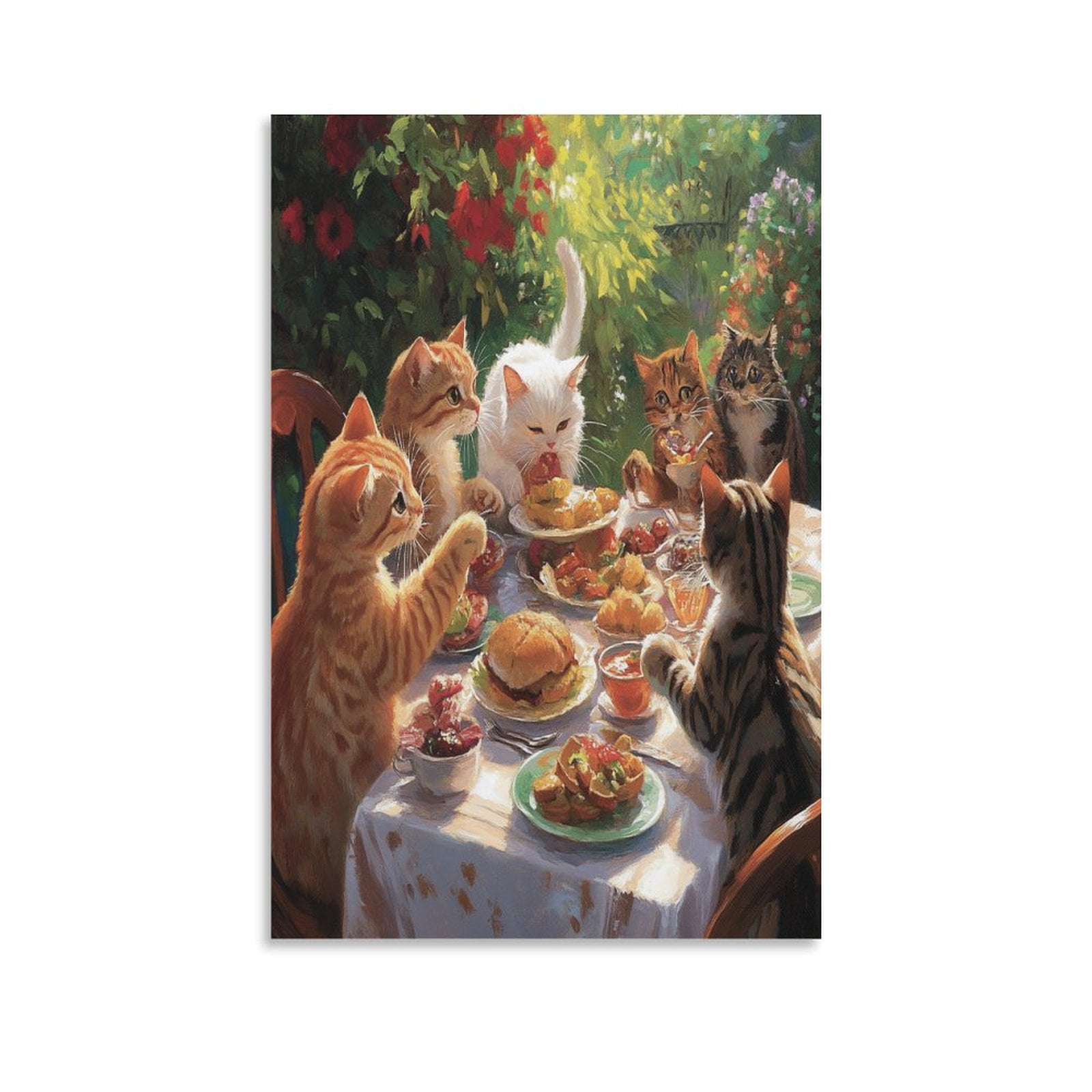 A Group of Cats Enjoying A Lunch at The Table Living Room Art Cat Pet ...