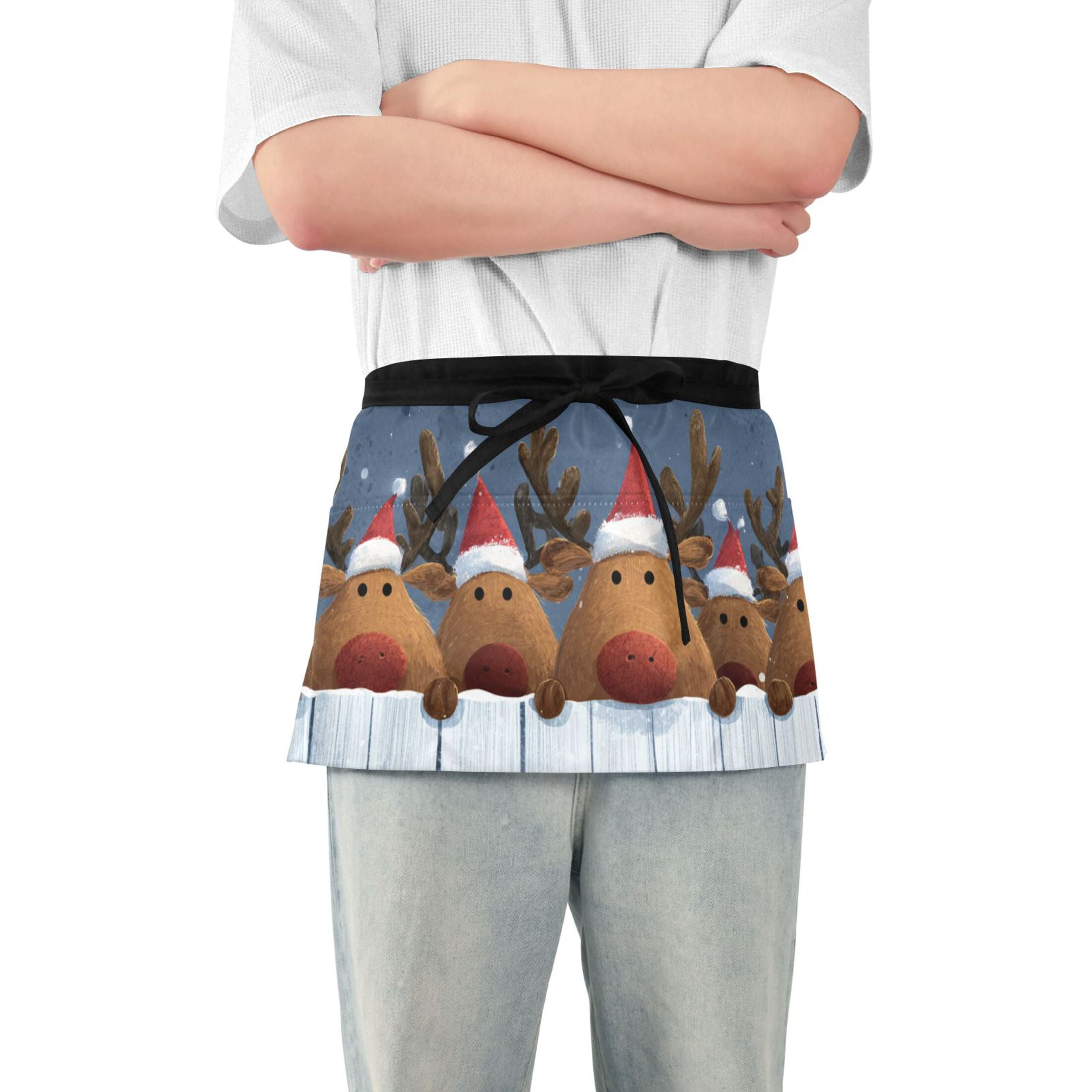Group Of Reindeer Behind Fence Christmas Night Short Server Apron with ...