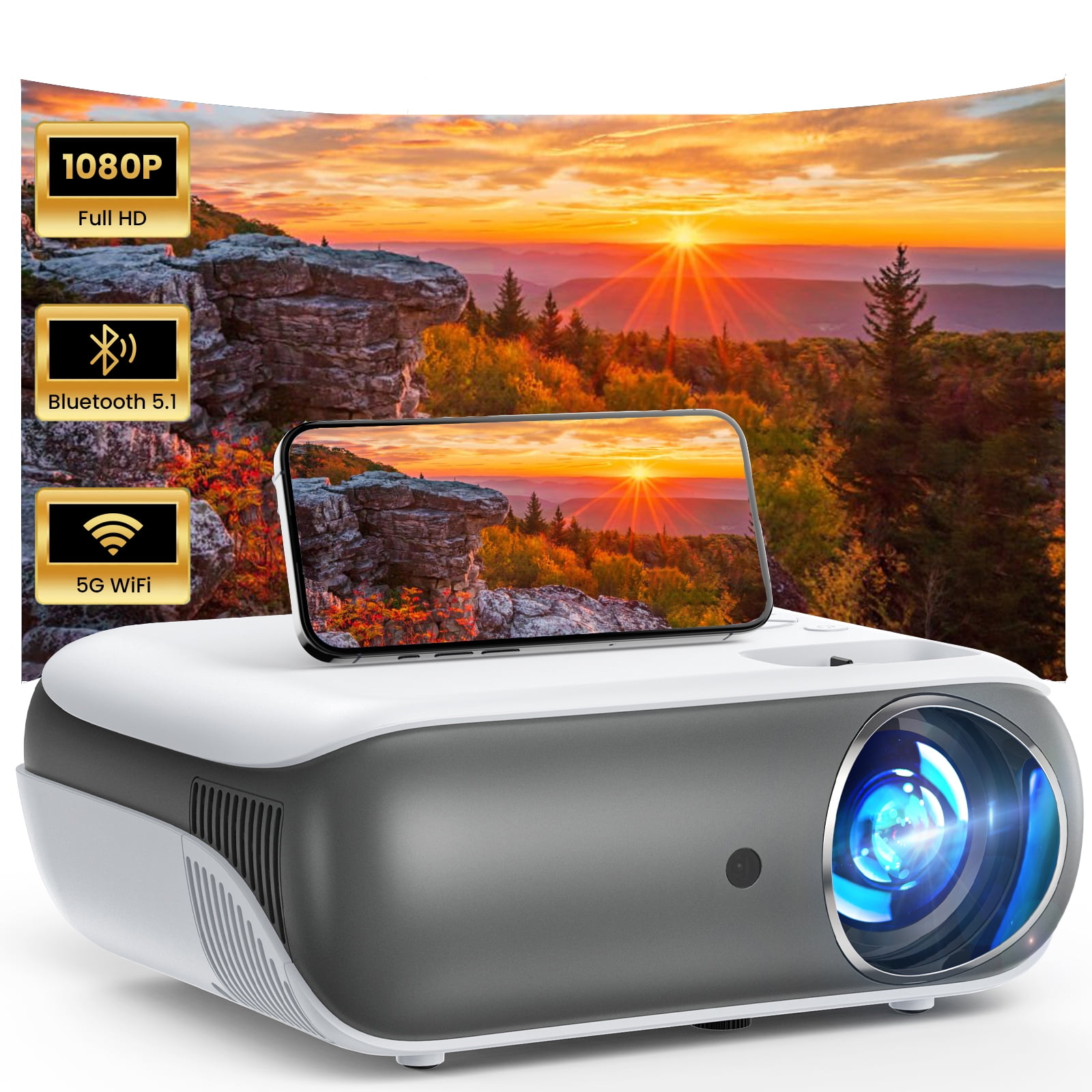 "GROVIEW H1 Projector, 1080P Full HD, 4K Support, 5G WiFi, Bluetooth 5. ...