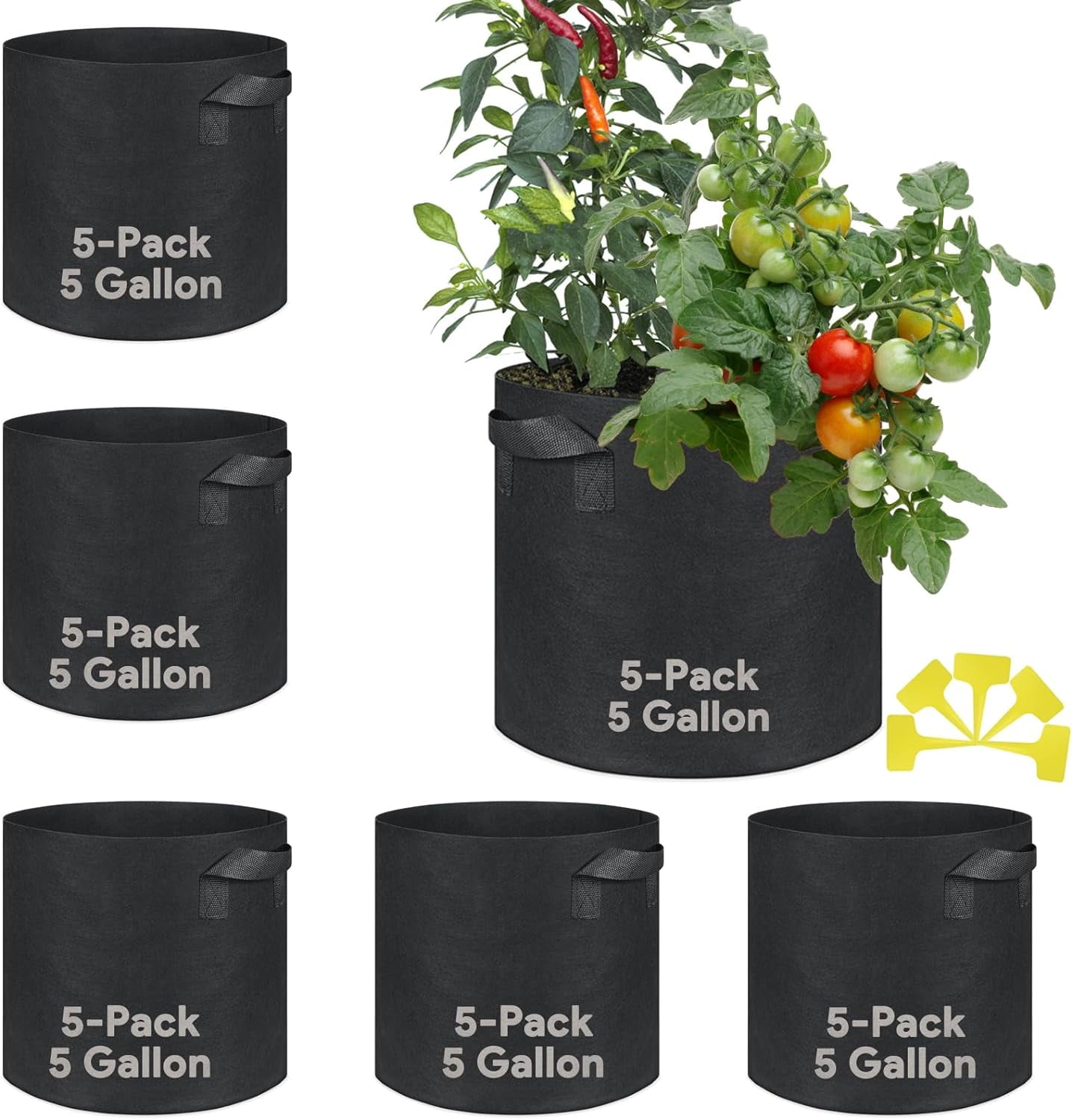 CGACOL 5 Gallon Grow Bags, 5 Pack Heavy Duty Nonwoven Fabric Pots with ...