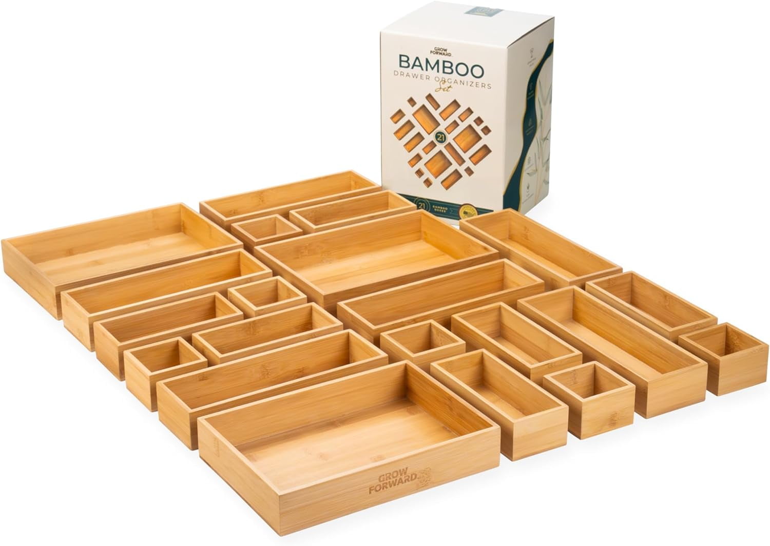 Grow Forward Bamboo Drawer Organizer Boxes - Set of 21 Wooden Drawer ...