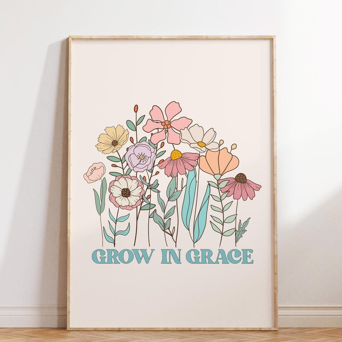 Grow In Grace Print, Retro Flower Wall Art, Art, Hippie Floral Poster ...