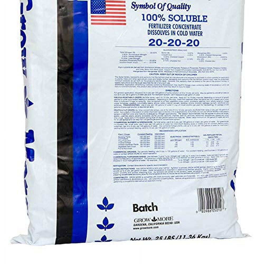 Grow More 20-20-20 Water Soluble Fertilizer - 25lb Bag of All Purpose ...