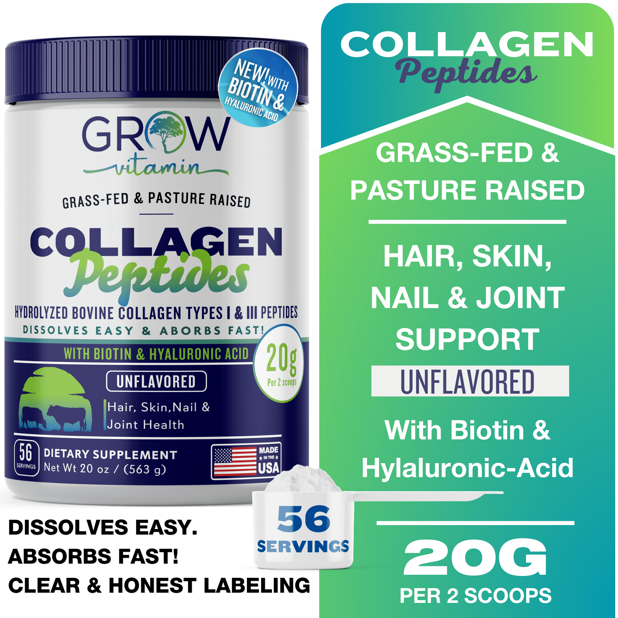 Grow Vitamin Collagen Peptides Powder with Hyaluronic Acid & Biotin ...