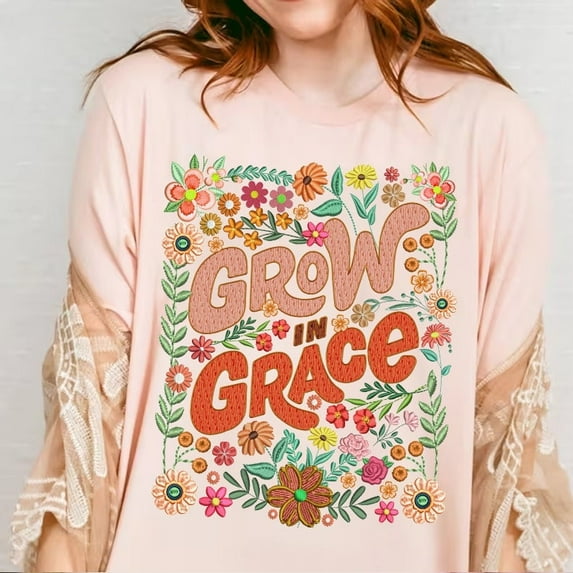 Grow in Grace Christian Floral Embroidered Design, Retro Floral Design ...