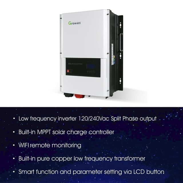 Growatt 48V 6kW 120/240V Split Phase Solar Inverter Built-in 80A MPPT Solar Charge Controller ...