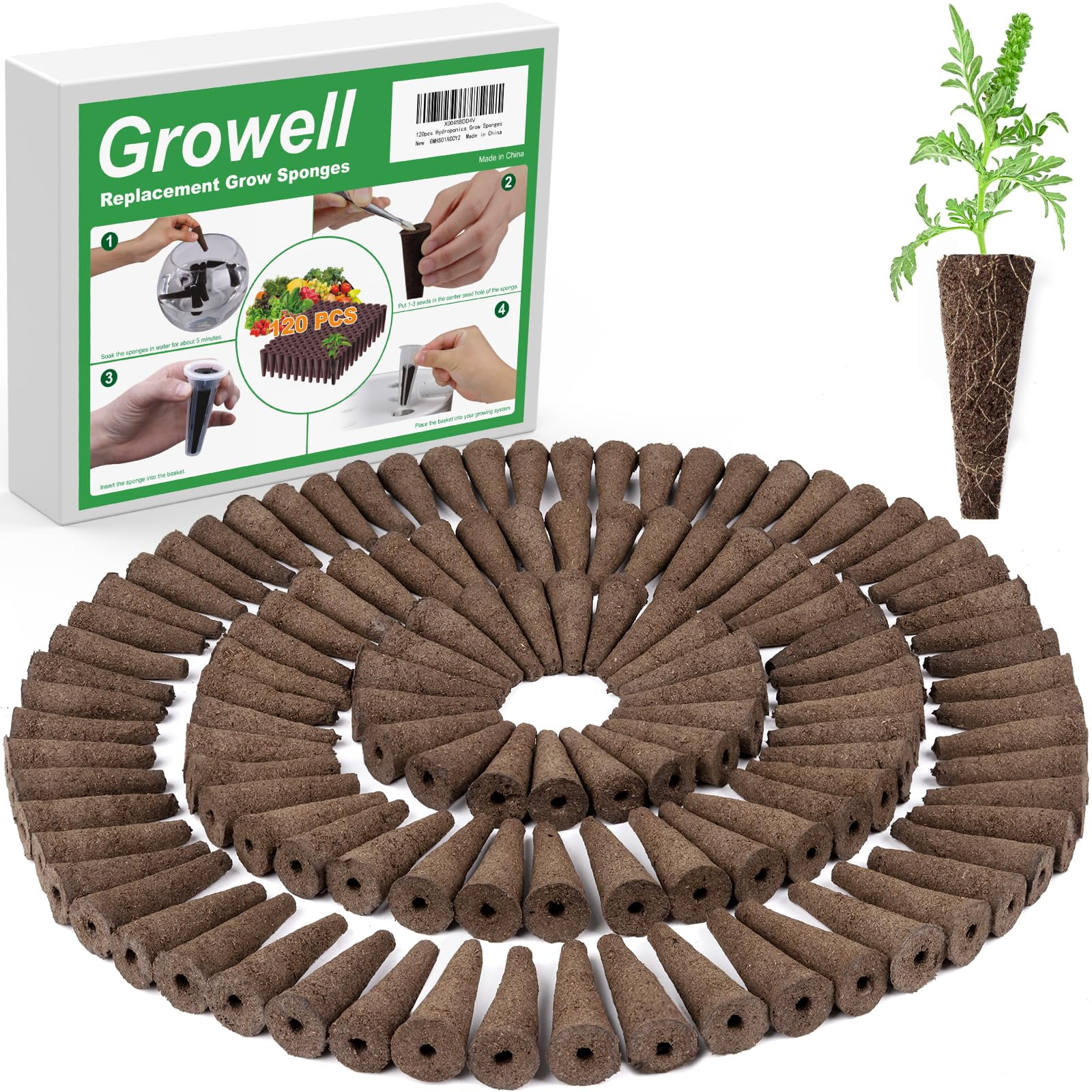 Growell Grow Sponges CORNET 120 Pack, Seed Pods Replacement Compatible ...