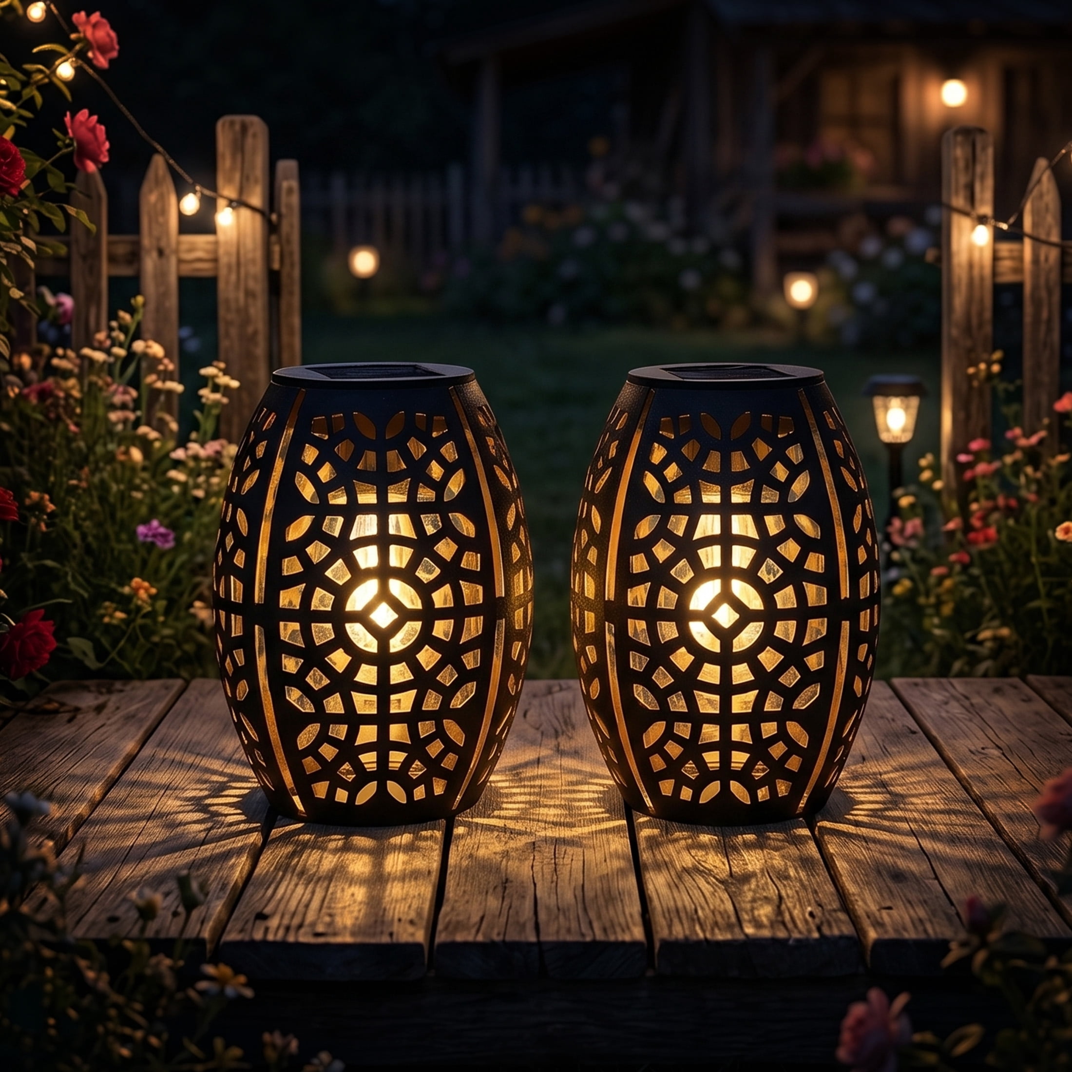 The Growing Ground 2 Pack Solar Lanterns Outdoor, Hollowed Metal LED ...