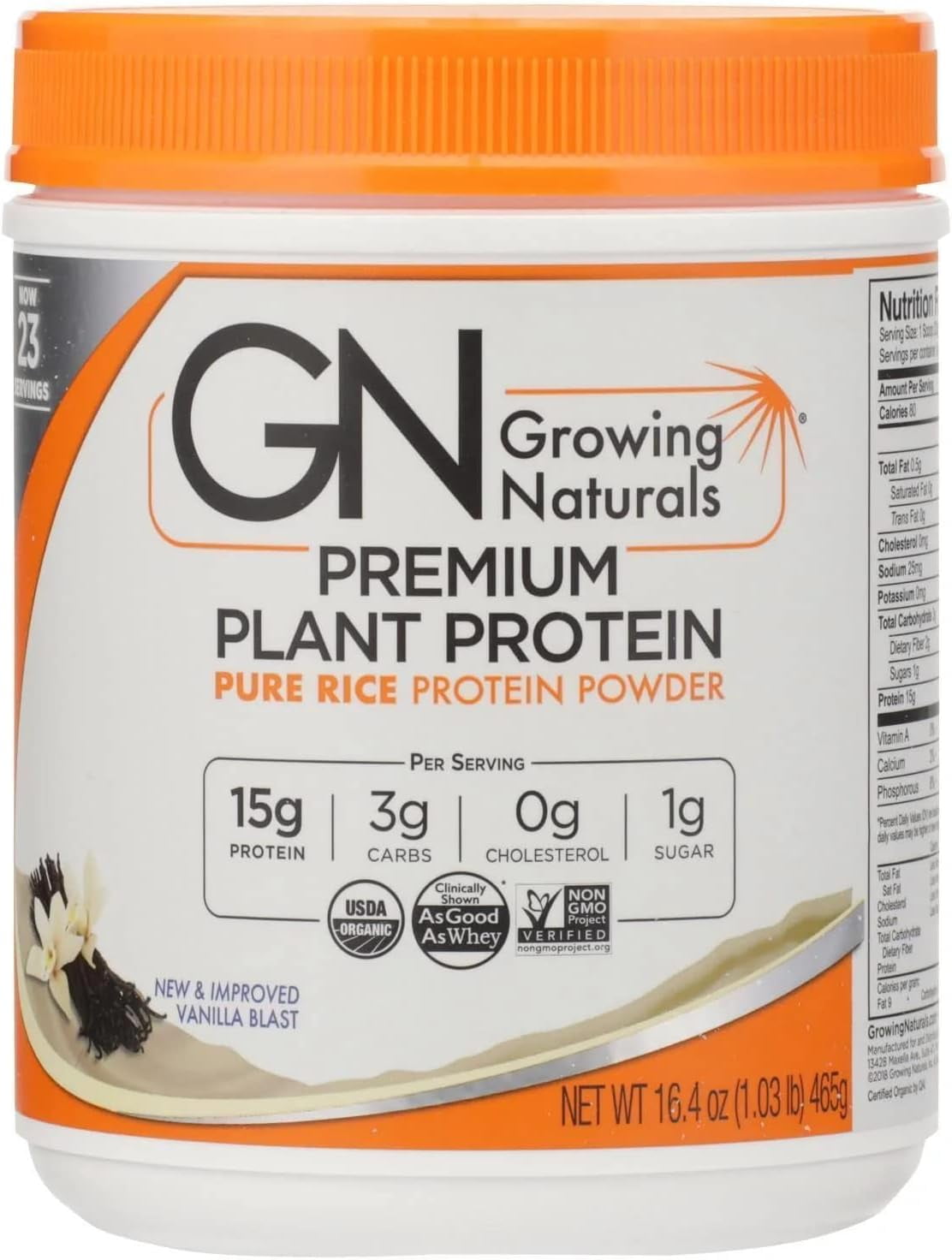 Growing Naturals Rice Protein Isolate Powder, Vanilla Blast, 465-Gram ...
