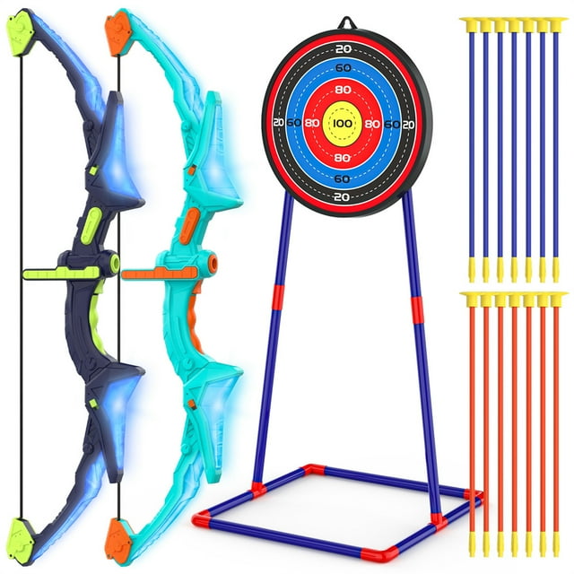 Growsly LED Kids Archery Set - 2 Bow & Arrows, 14 Suction Cup Arrows ...