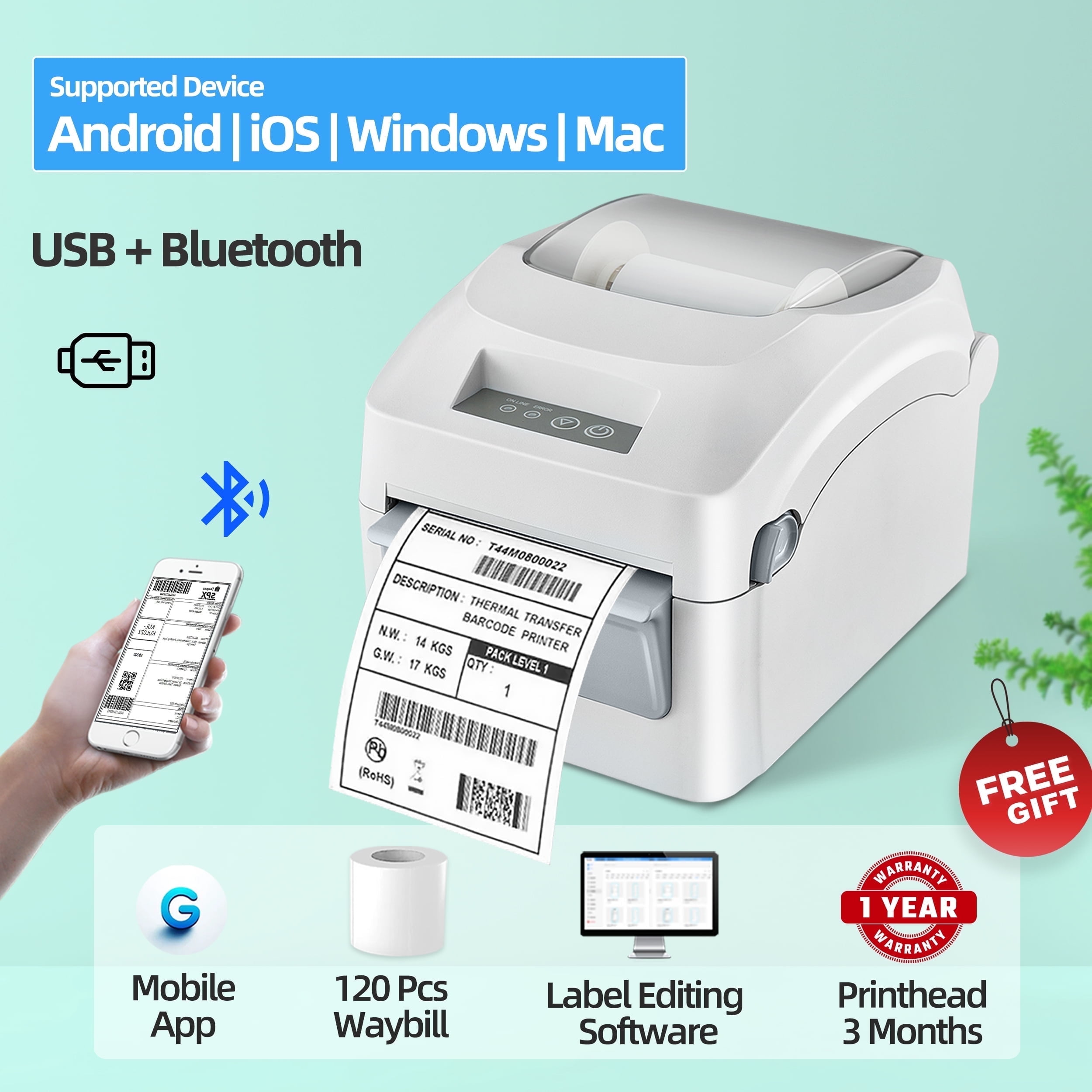 Grozziie Thermal Label Printer, 203DPI USB-Bluetooth, High Speed 4x6 ...