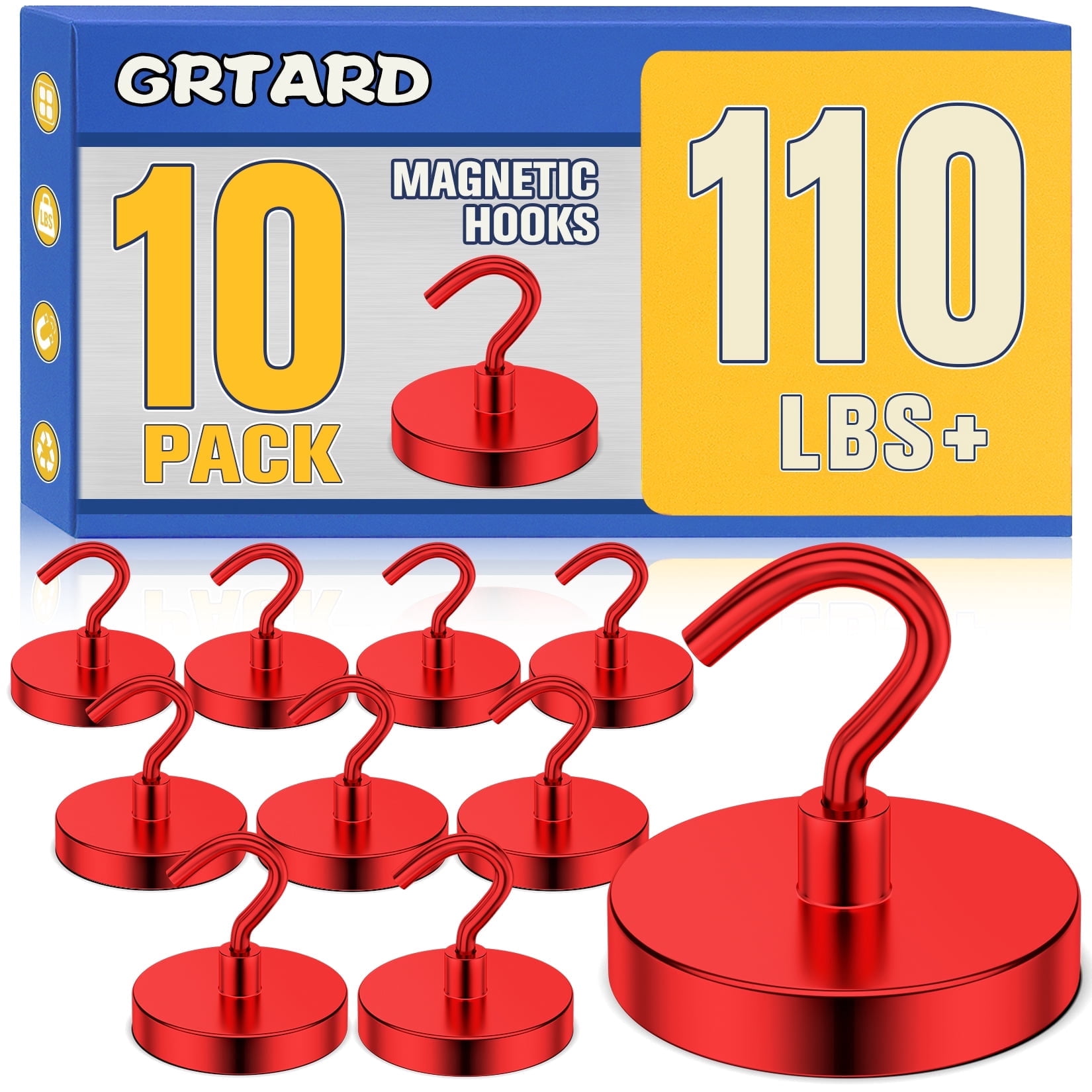 Grtard 10Pack Magnetic Hooks Heavy Duty, 110 lbs Strong Magnet Hook for ...