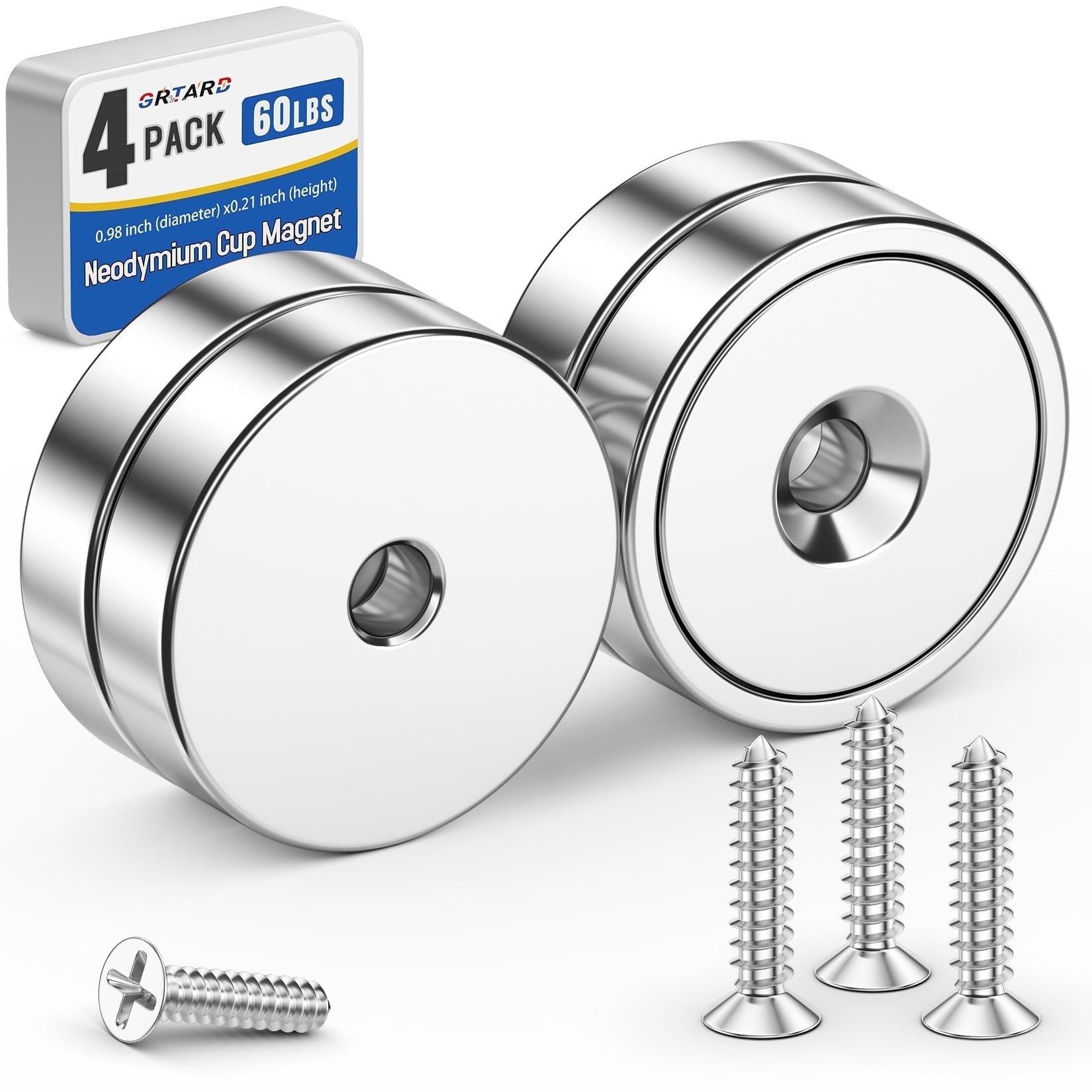 Grtard 4 Pack Neodymium Cup Magnets, 60LBS Holding Force Strong Rare ...
