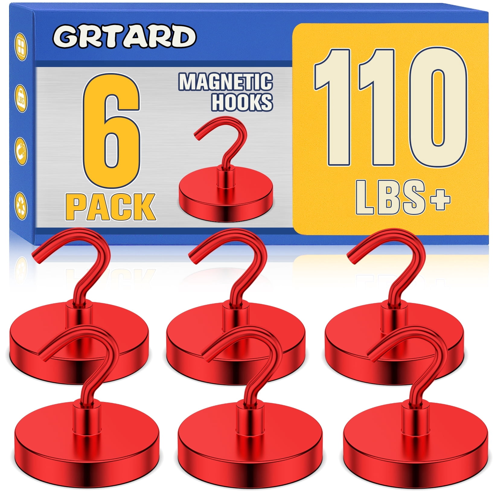 Grtard 6Pack Magnetic Hooks Heavy Duty, 110 lbs Strong Magnet Hook for ...