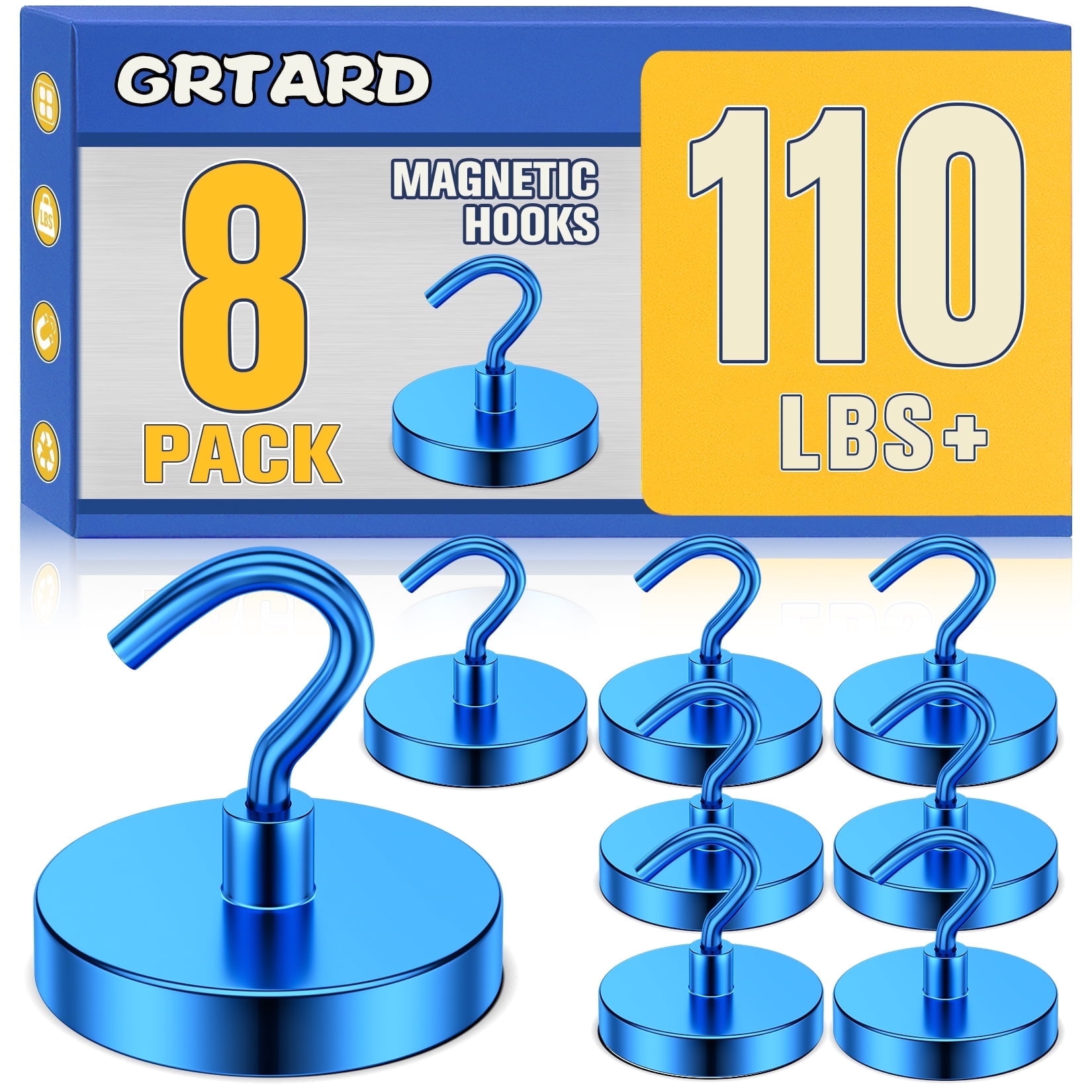 Grtard 8 Pack 110LBS Heavy Duty Magnetic Hooks for Hanging, Neodymium ...
