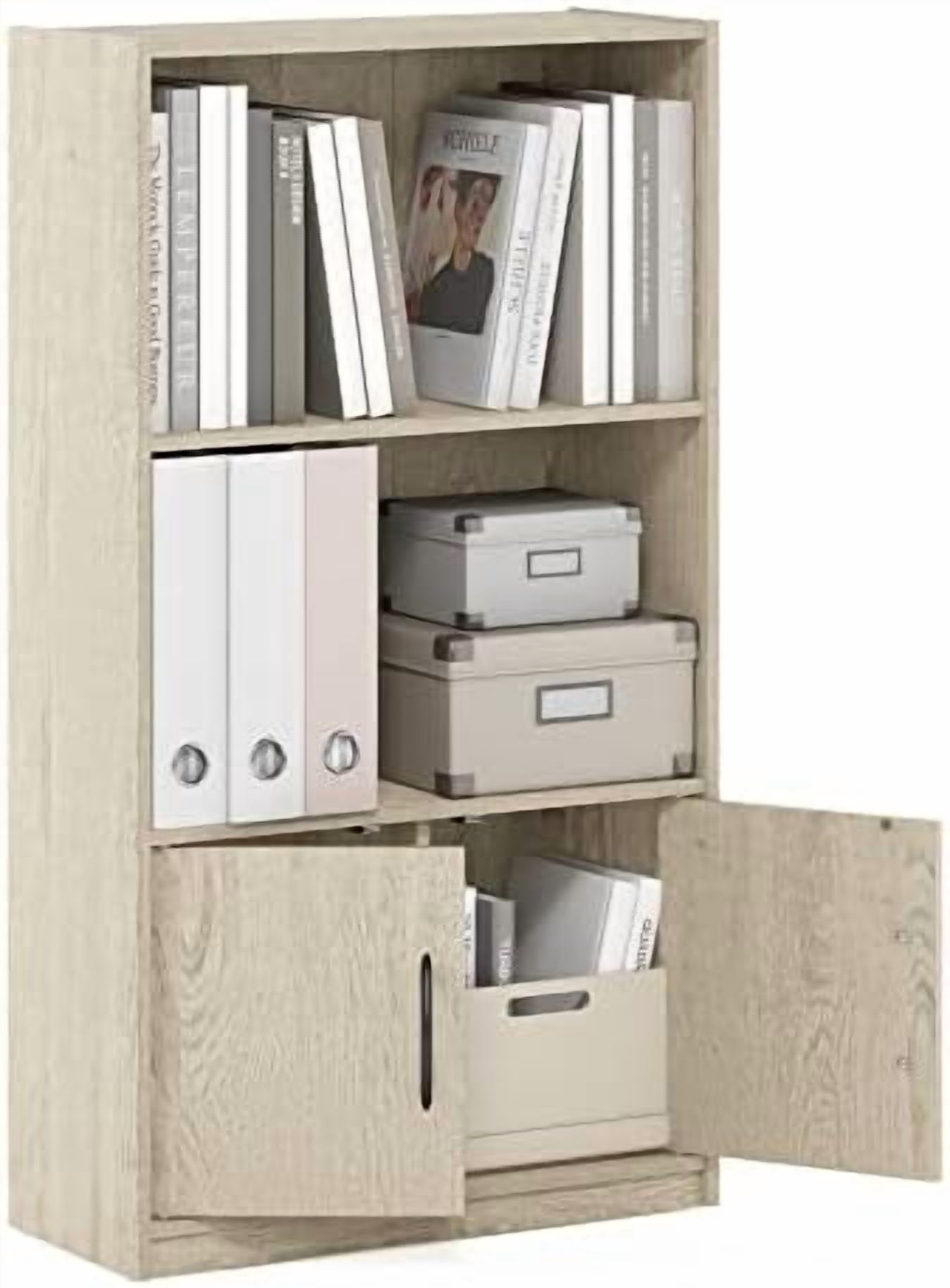 Gruen 3-Tier Open Shelf Bookcase with 2 Doors Storage Cabinet ...