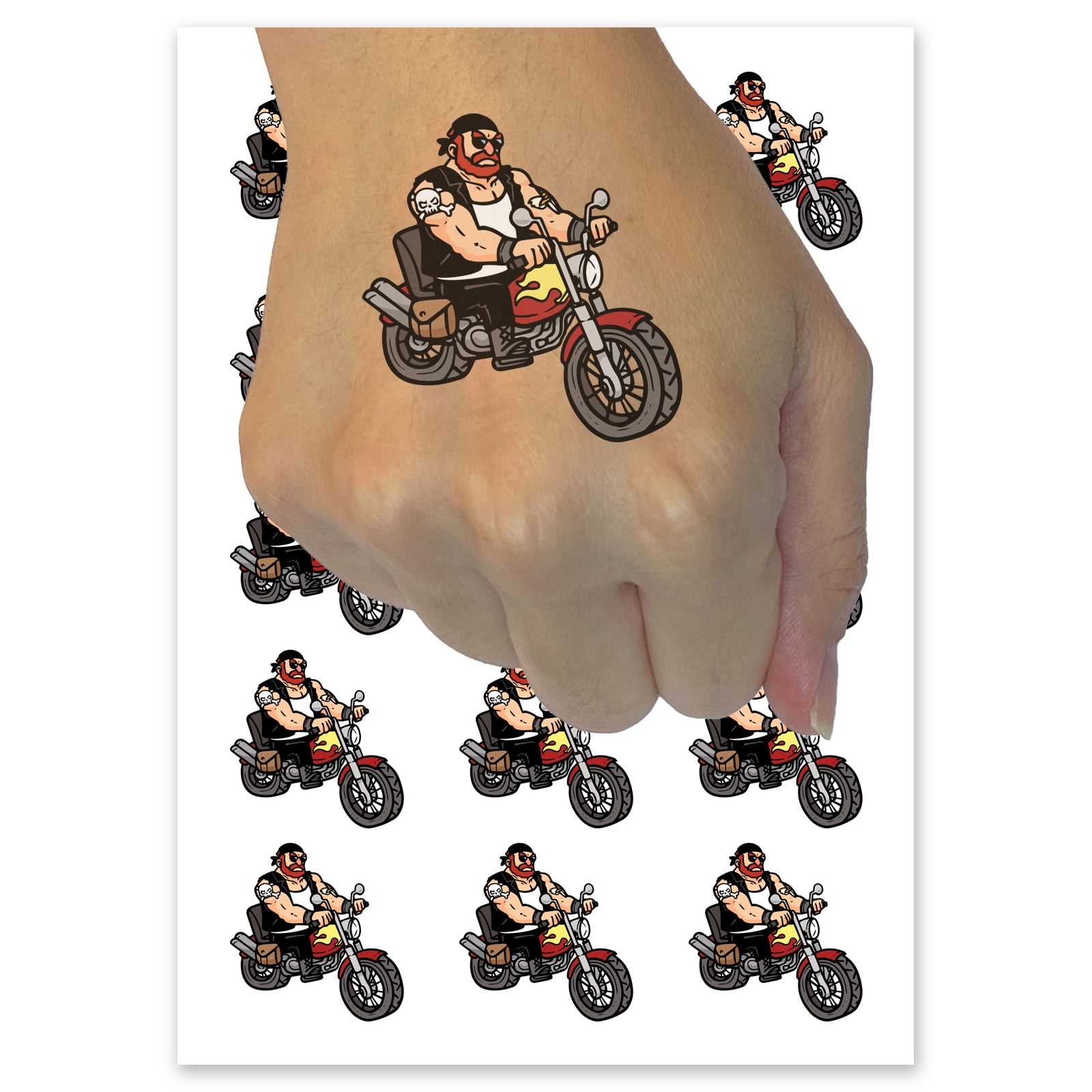 Gruff Tough Manly Biker on Motorcycle Bike Temporary Tattoo Water ...