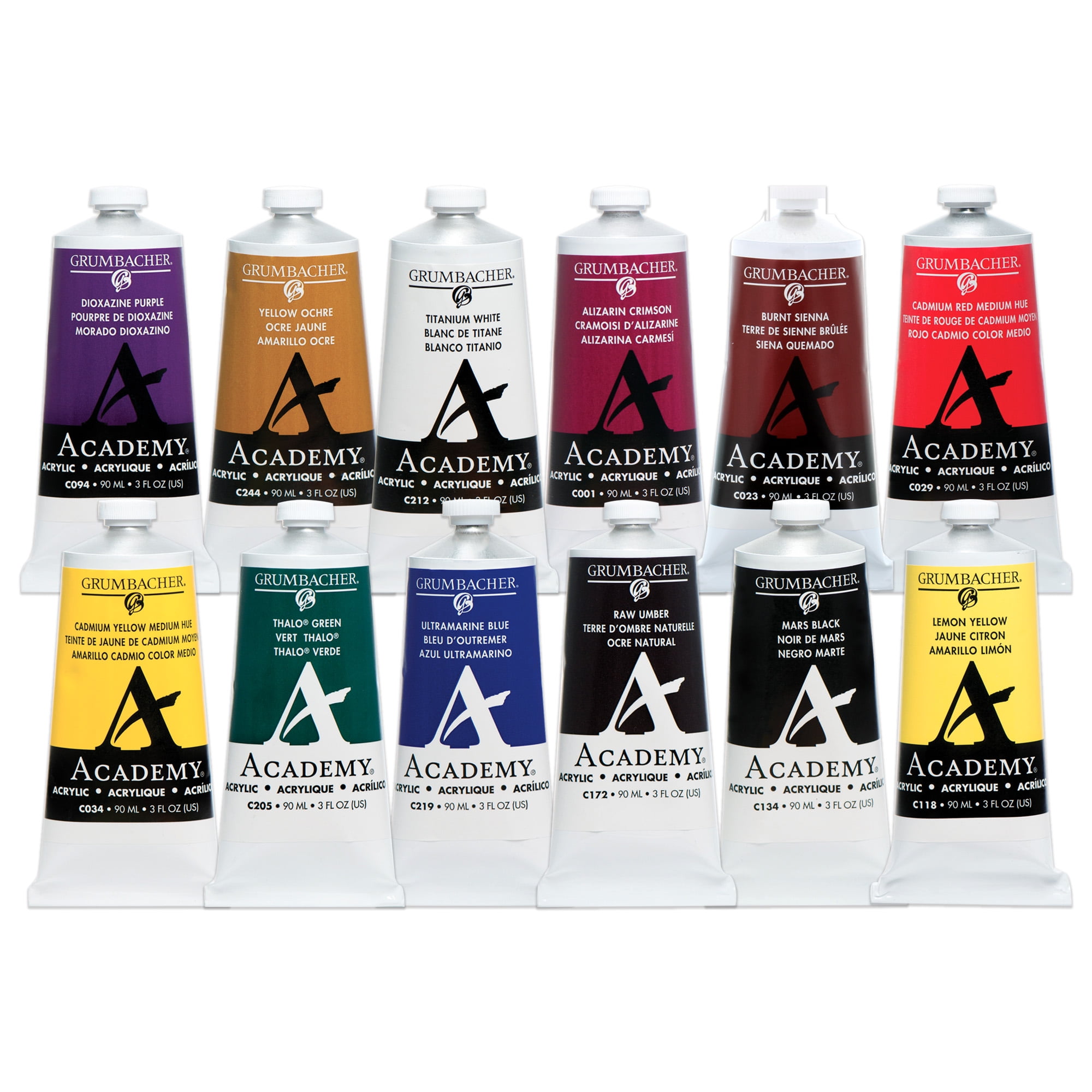 Grumbacher Academy Professional Acrylic Paint Set of 12 - 90ml Multi ...