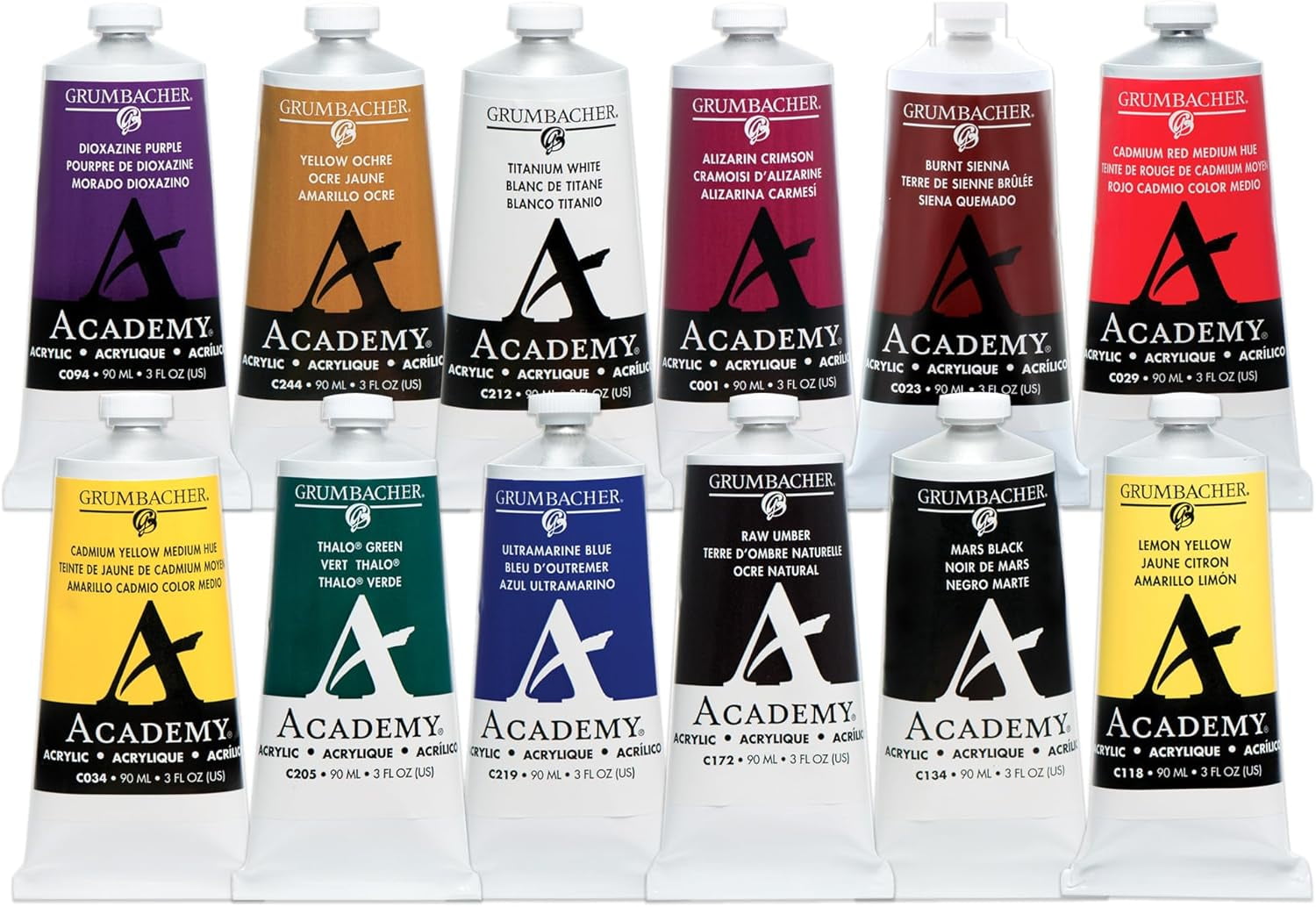 Grumbacher Academy Professional Acrylic Paint Set of 12 90ml Multi ...