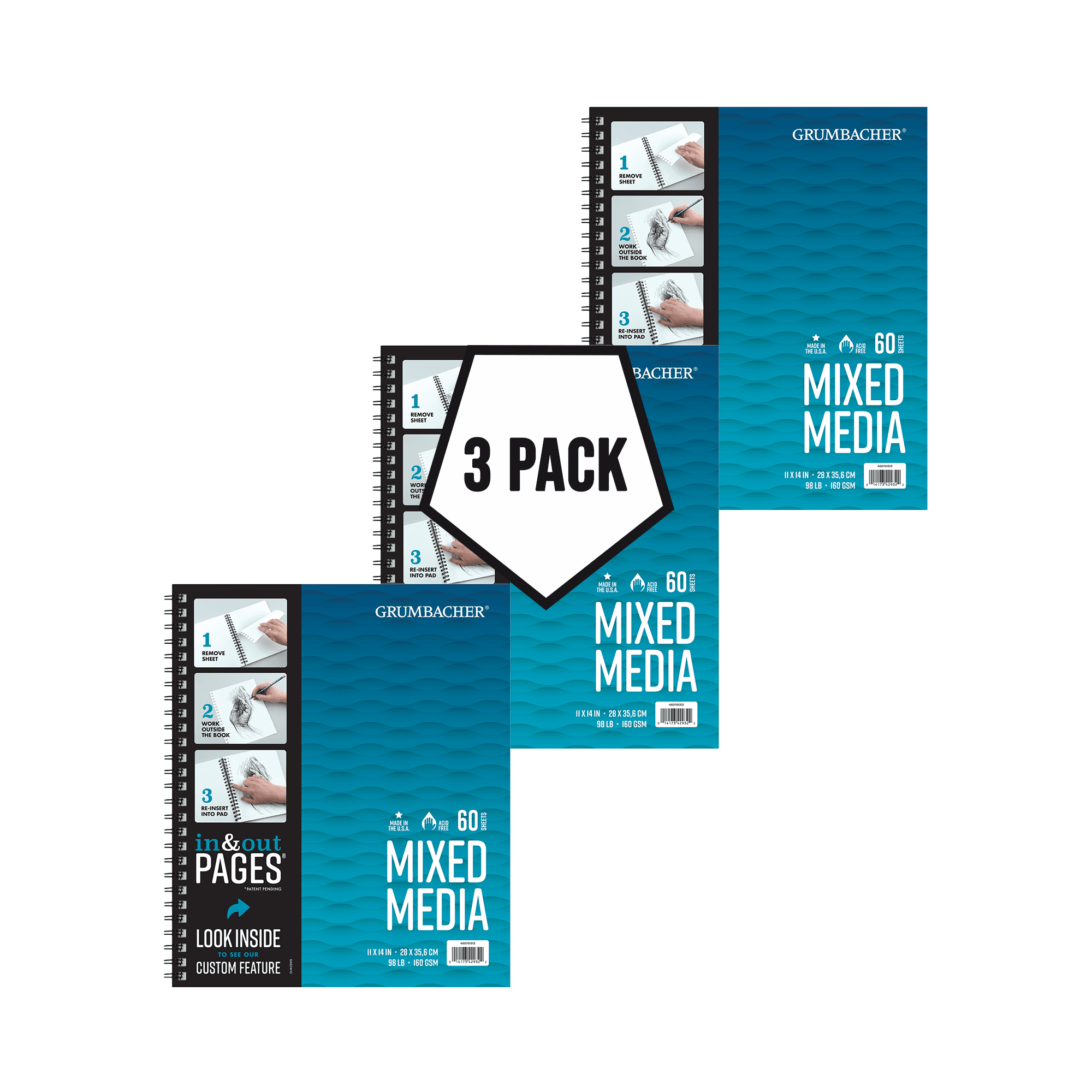 Grumbacher Mixed Media 11" x 14" Side Wire Bound Pad, 160 GSM, 60 ...