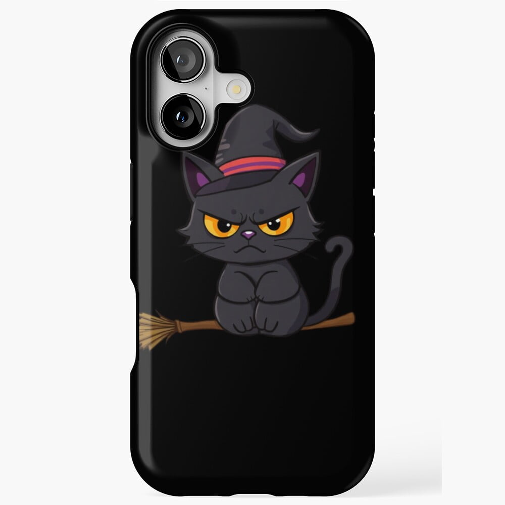 Grumpy Black Cat on Broom Art Compatible Phone Case for iPhone 11–17 ...