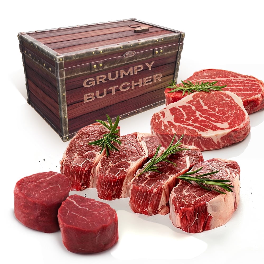 Grumpy Butcher 8 Steaks Set - 4 Sirloins, 2 Ribeyes, 2 Large Filet ...