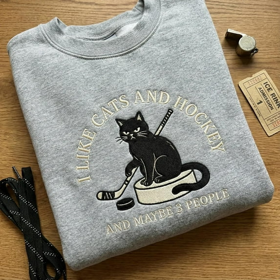Grumpy Cat on Puck Embroidered Sweatshirt, I Like Cats and Hockey ...