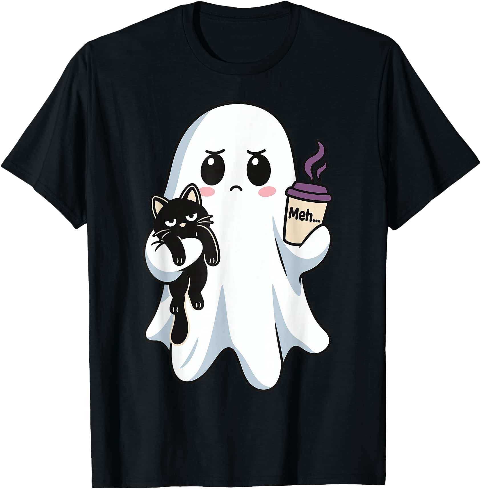 Grumpy Ghost Black Cat Meh Coffee Cute Spooky Cat Mom Humor T-Shirt ...