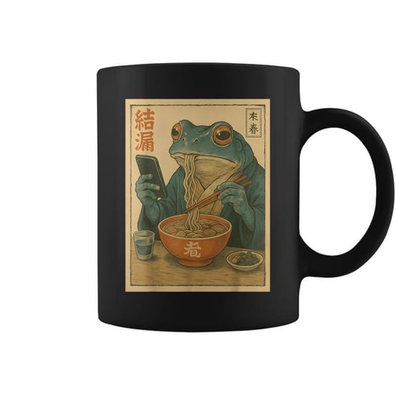 Grumpy Japanese Frog Eating Ramen And Scroll Phone Coffee Mugs ...